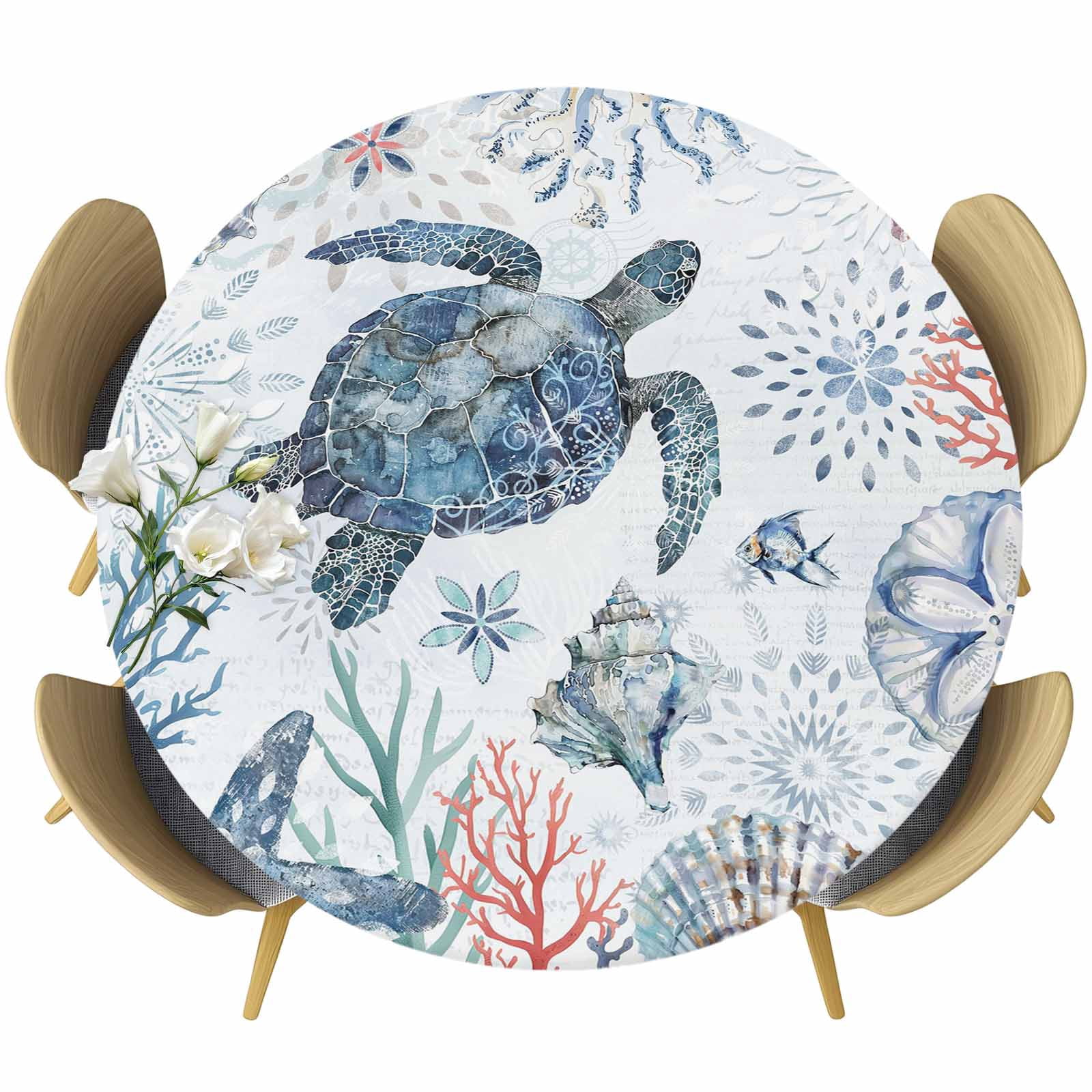 Ocean Sea Turtle Round Tablecloth, Fitted Table Cover with Elastic for ...