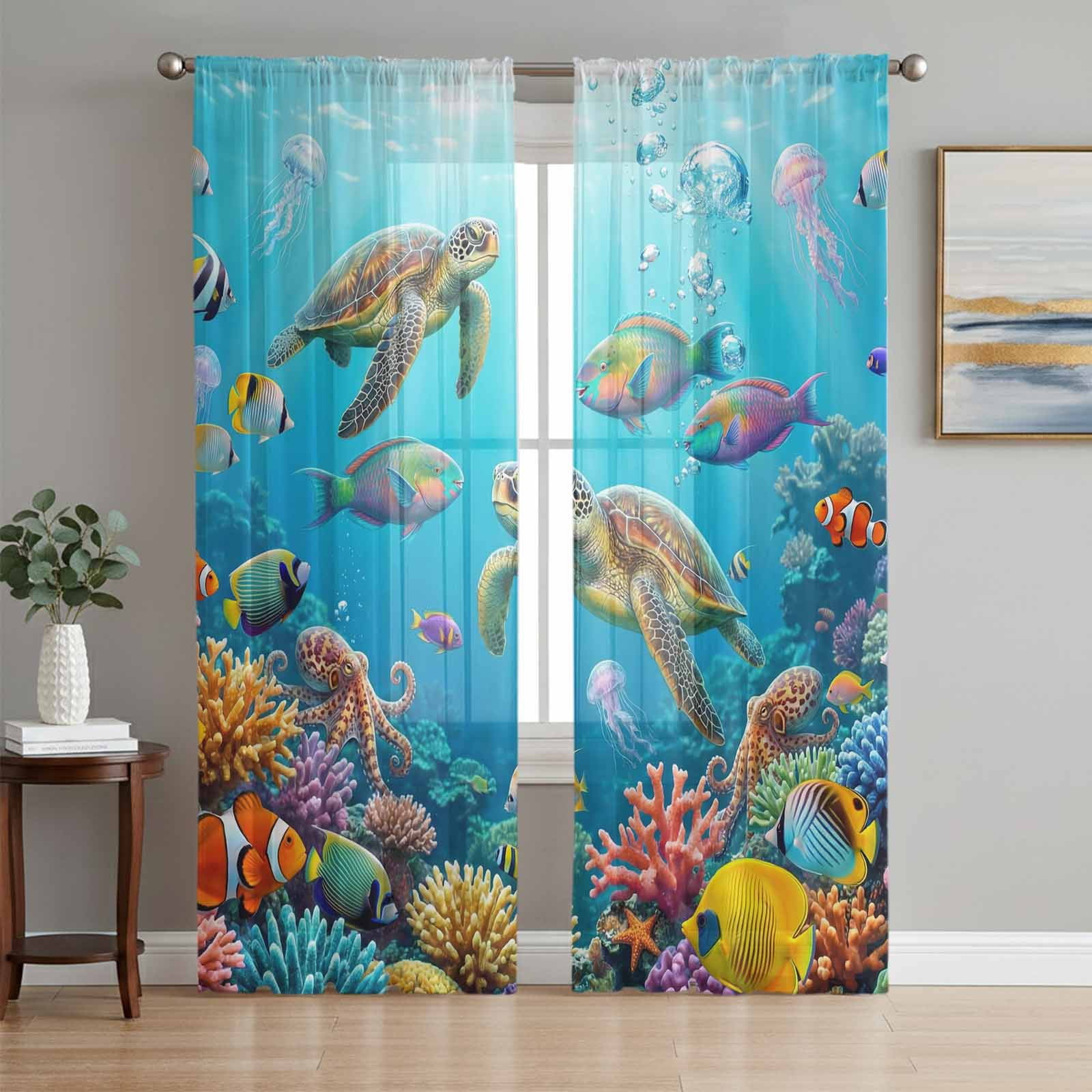 Ocean Sea Turtle Sheer Curtains 96 Inches Long 2 Panels Set, Window ...