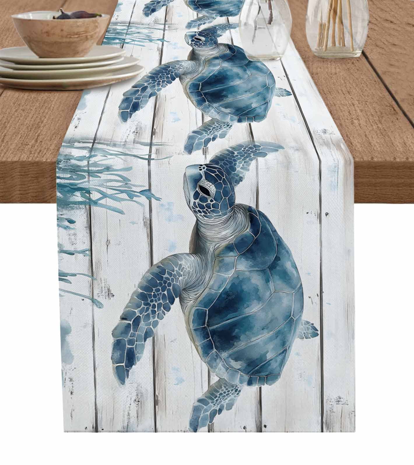 Ocean Sea Turtle Table Runner 48 Inches, Coastal Seaweed Vintage Wood ...