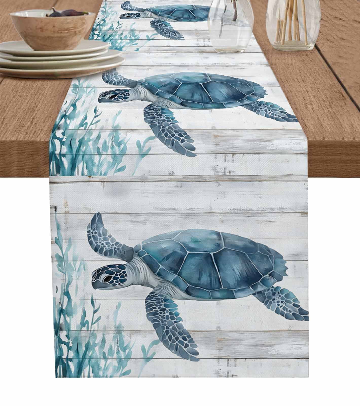 Ocean Sea Turtle Table Runner 48 Inches, Summer Coastal Seaweed Vintage ...