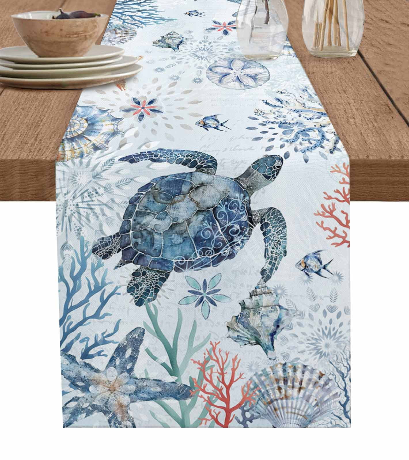 Ocean Sea Turtle Table Runner 90 Inches, Summer Coastal Coral Flower ...