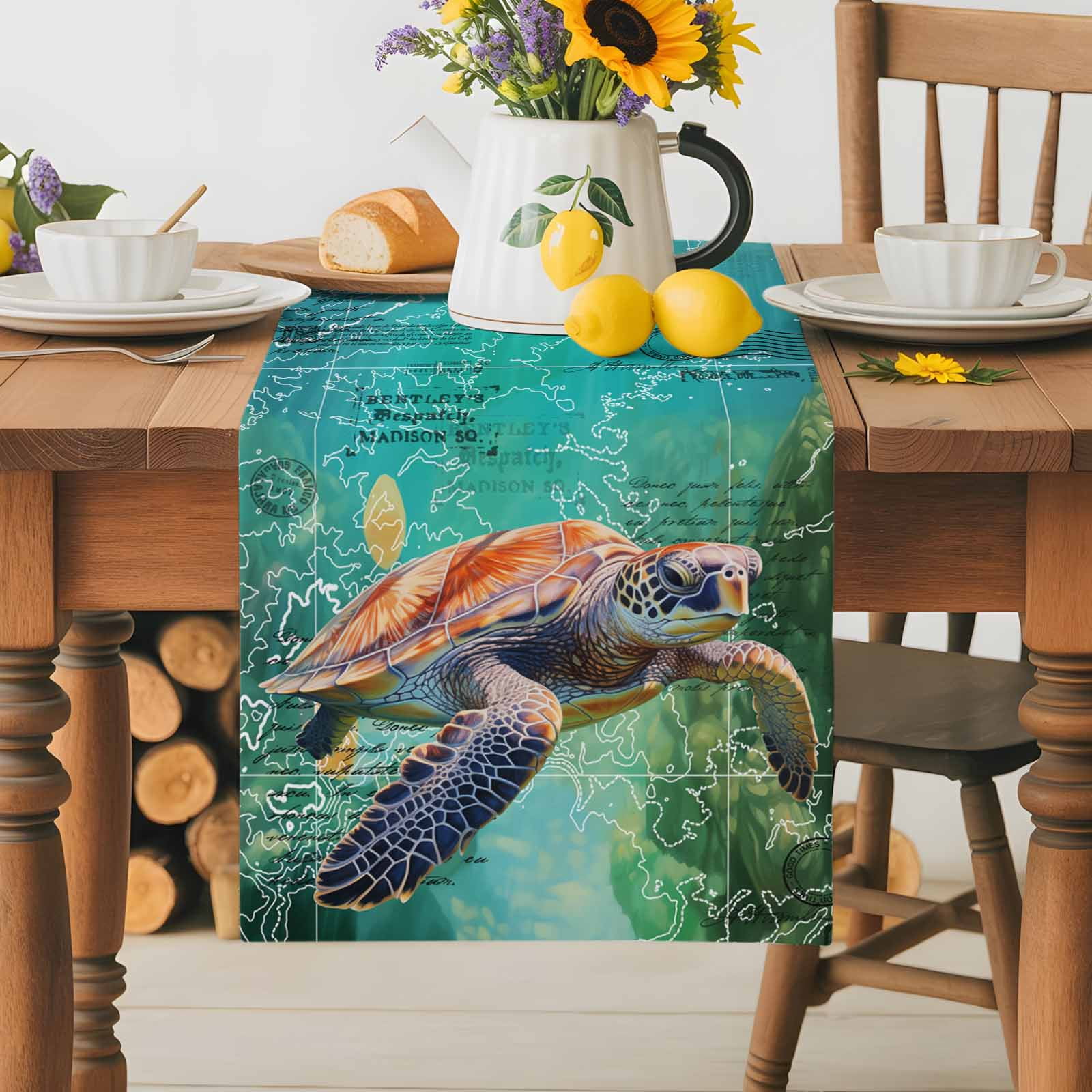 Ocean Sea Turtle Teal Sea Water Table Runner Dresser Scarf,Kitchen ...