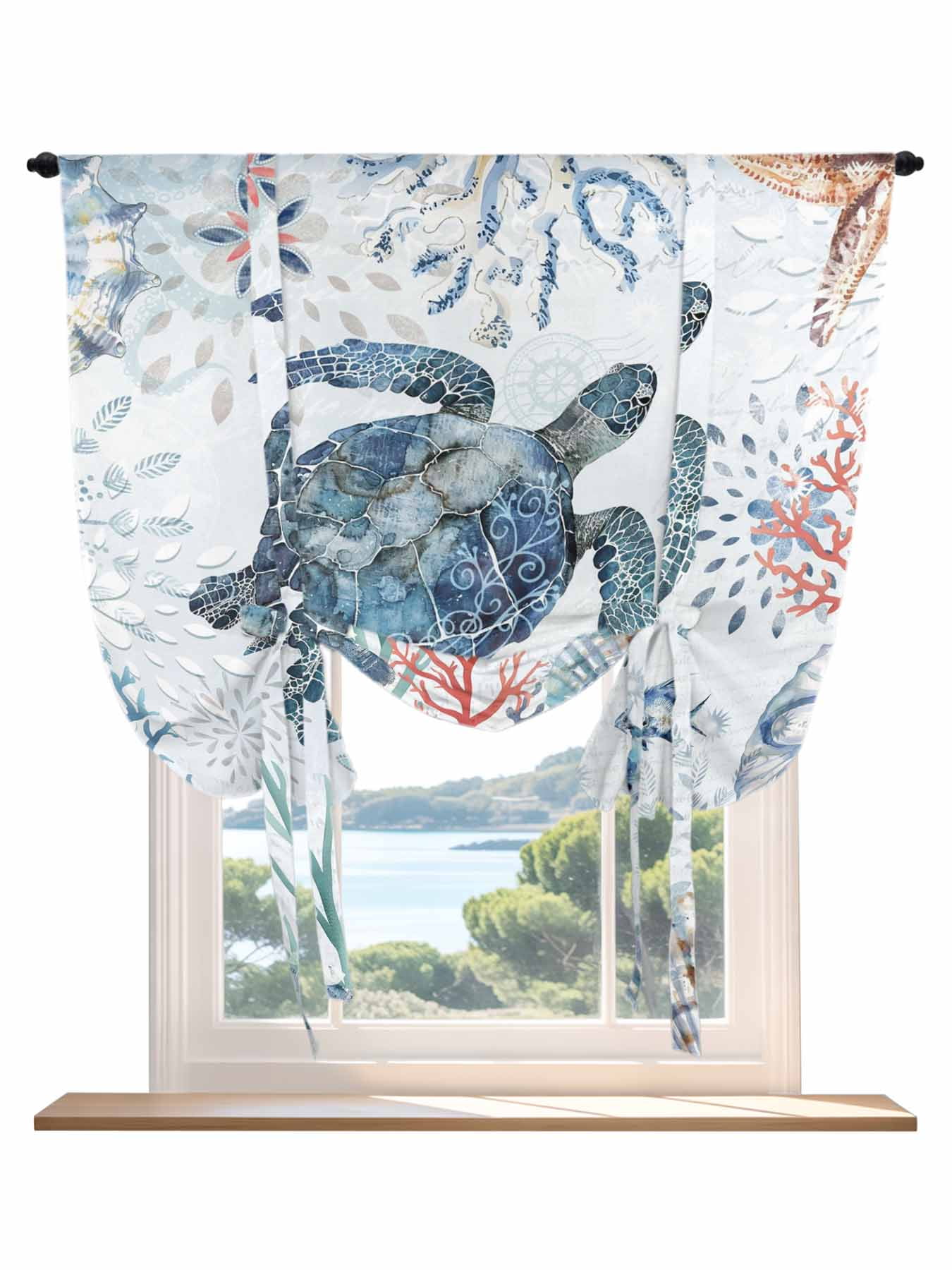 Ocean Sea Turtle Tie Up Curtains for Windows 45 Inch Length Balloon ...
