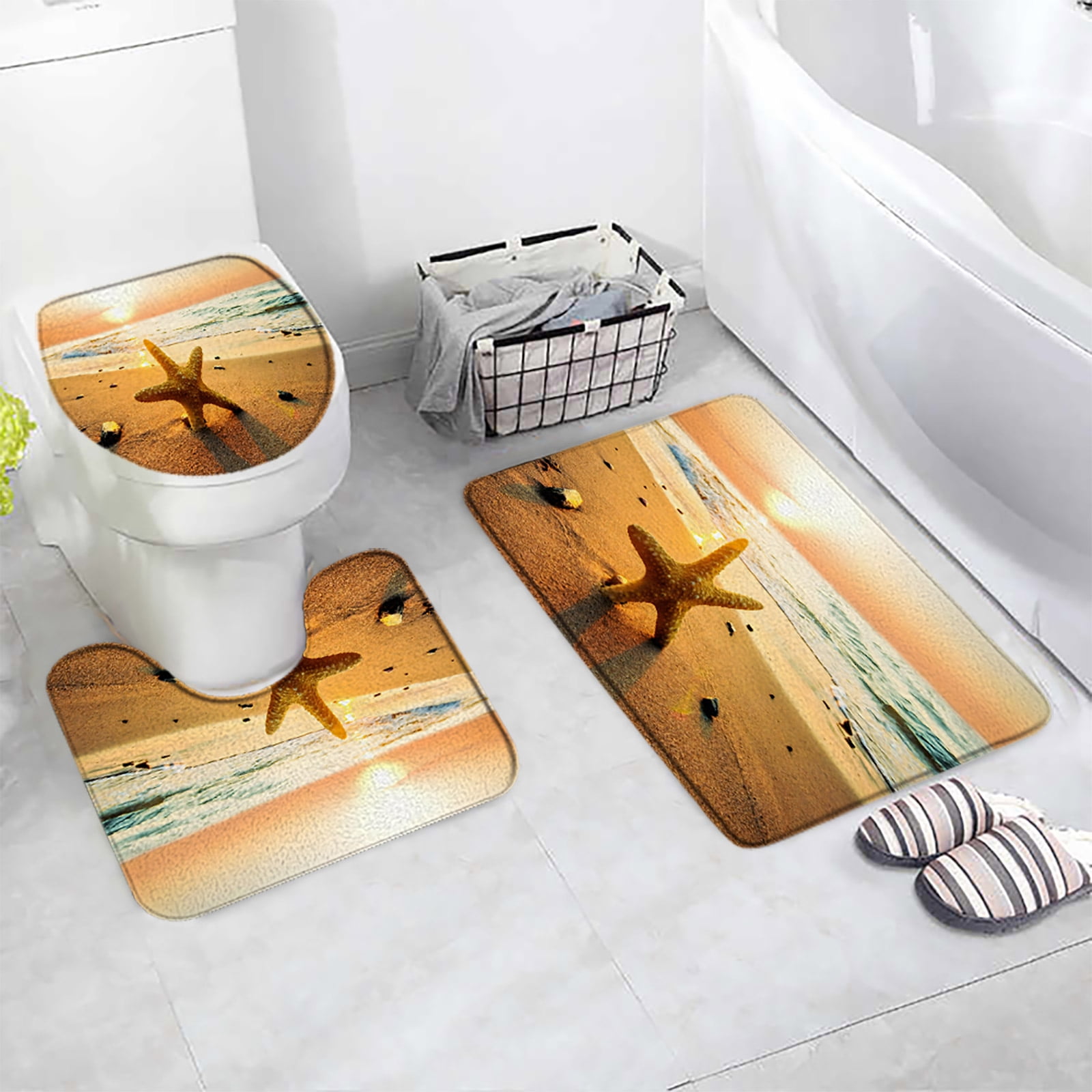 Ocean Sea Waves Bath Mat Set Beach Coconut Tree Parrot Dolphin Nature ...