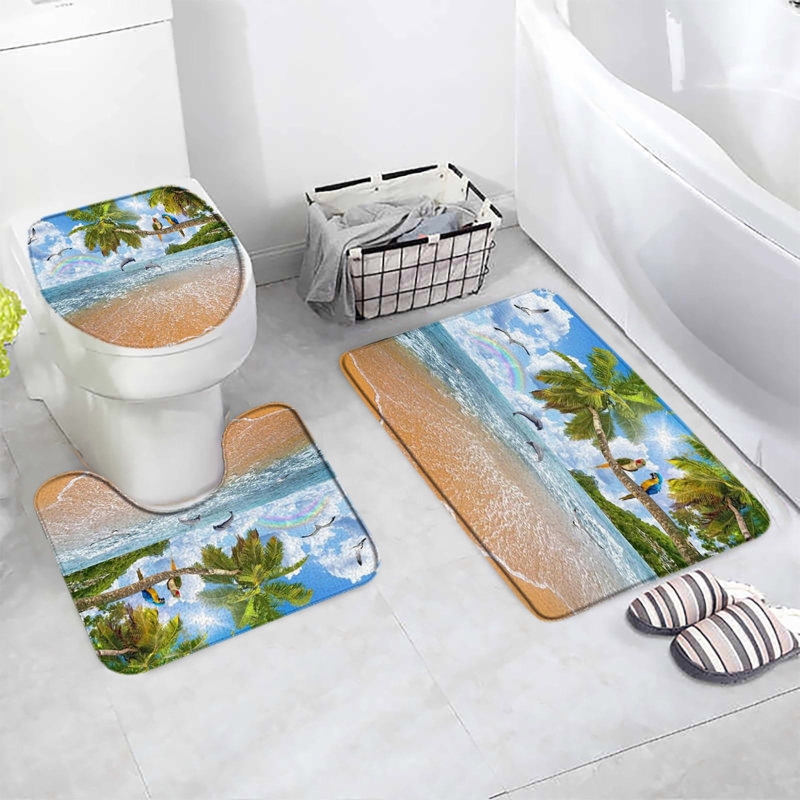Ocean Sea Waves Bath Mat Set Beach Coconut Tree Parrot Dolphin Nature ...