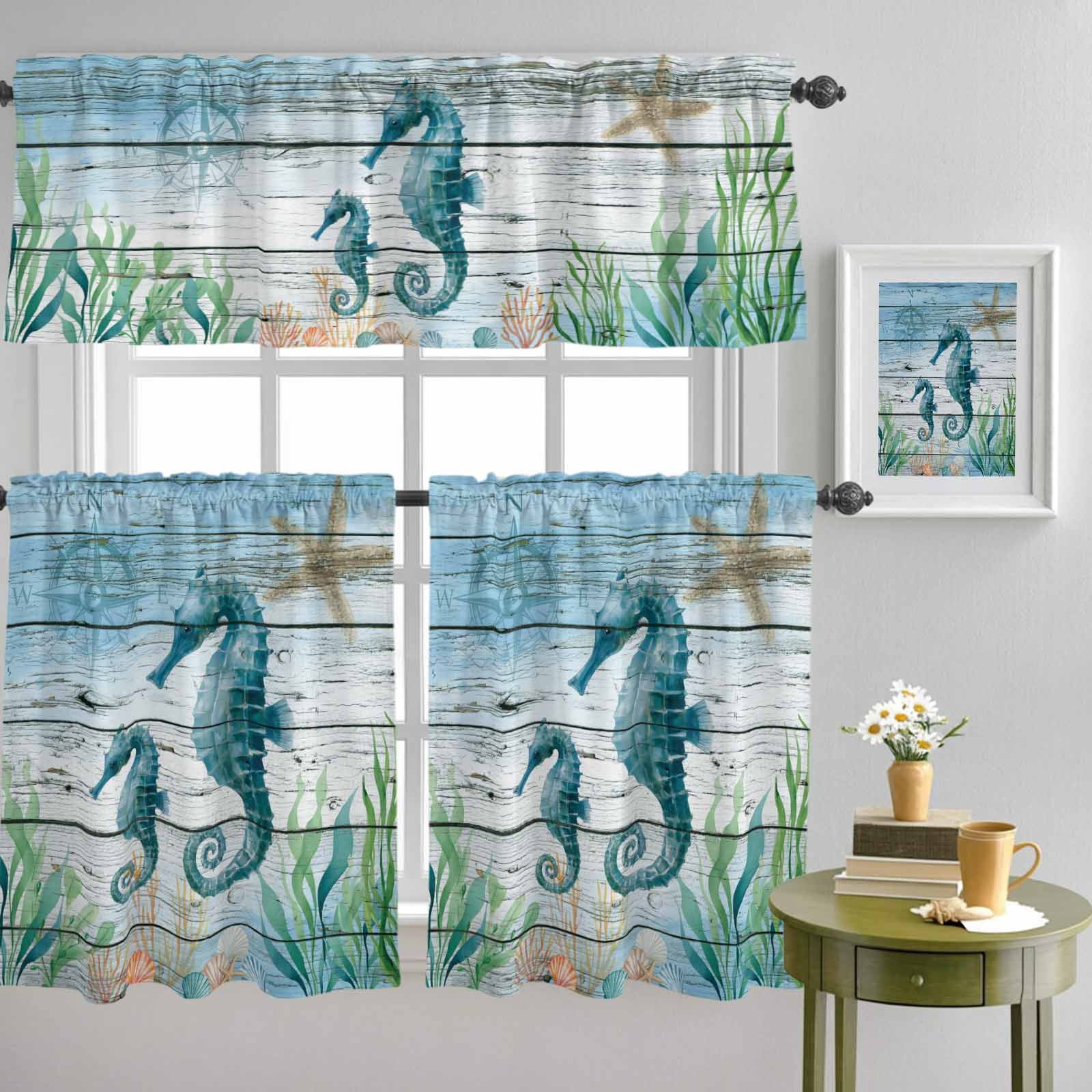 Ocean Seahorse Starfish Seaweed Curtain Tier and Valance Set 3 Piece ...