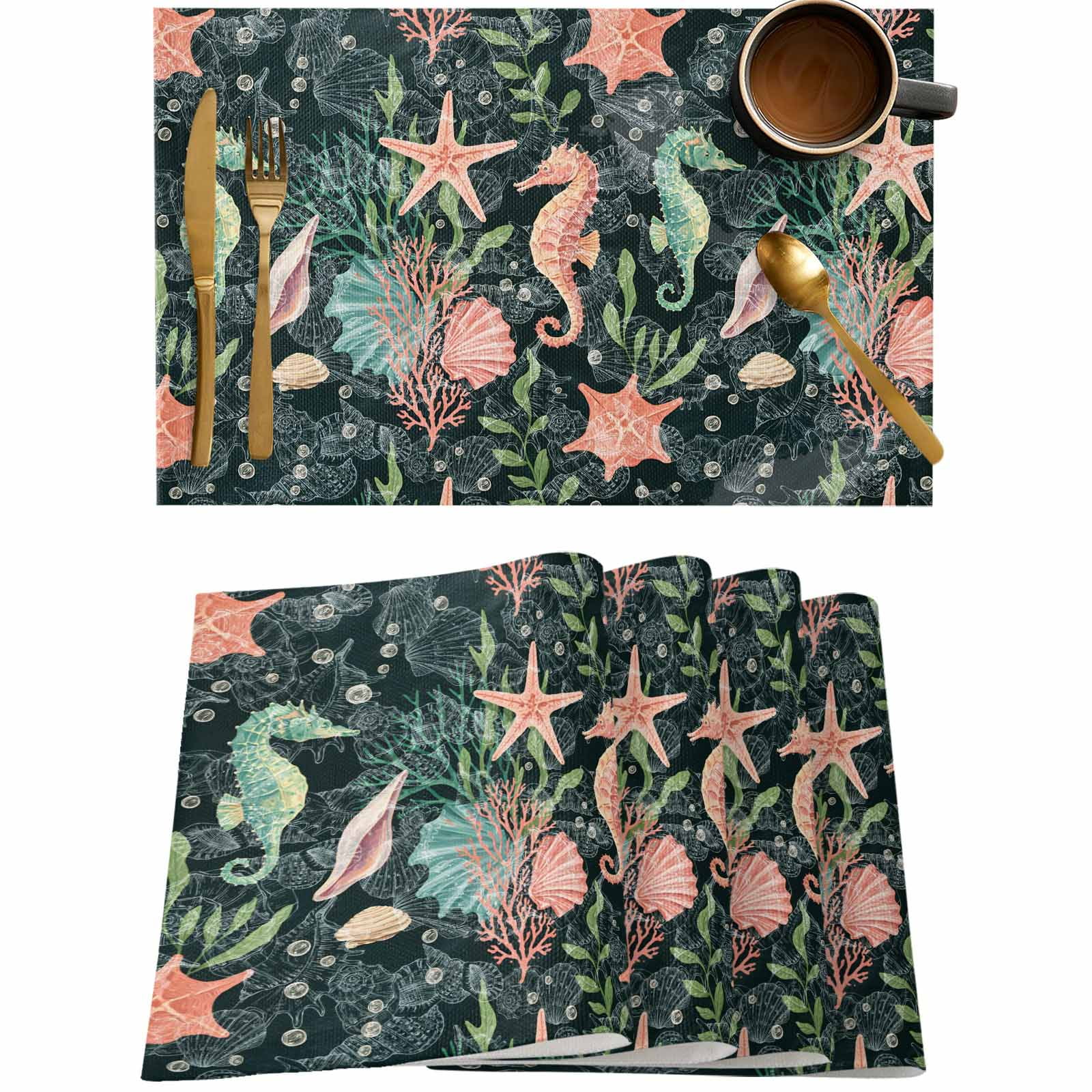 Ocean Seahorse Starfish Shell Placemats Set of 4,Wipeable Washable ...