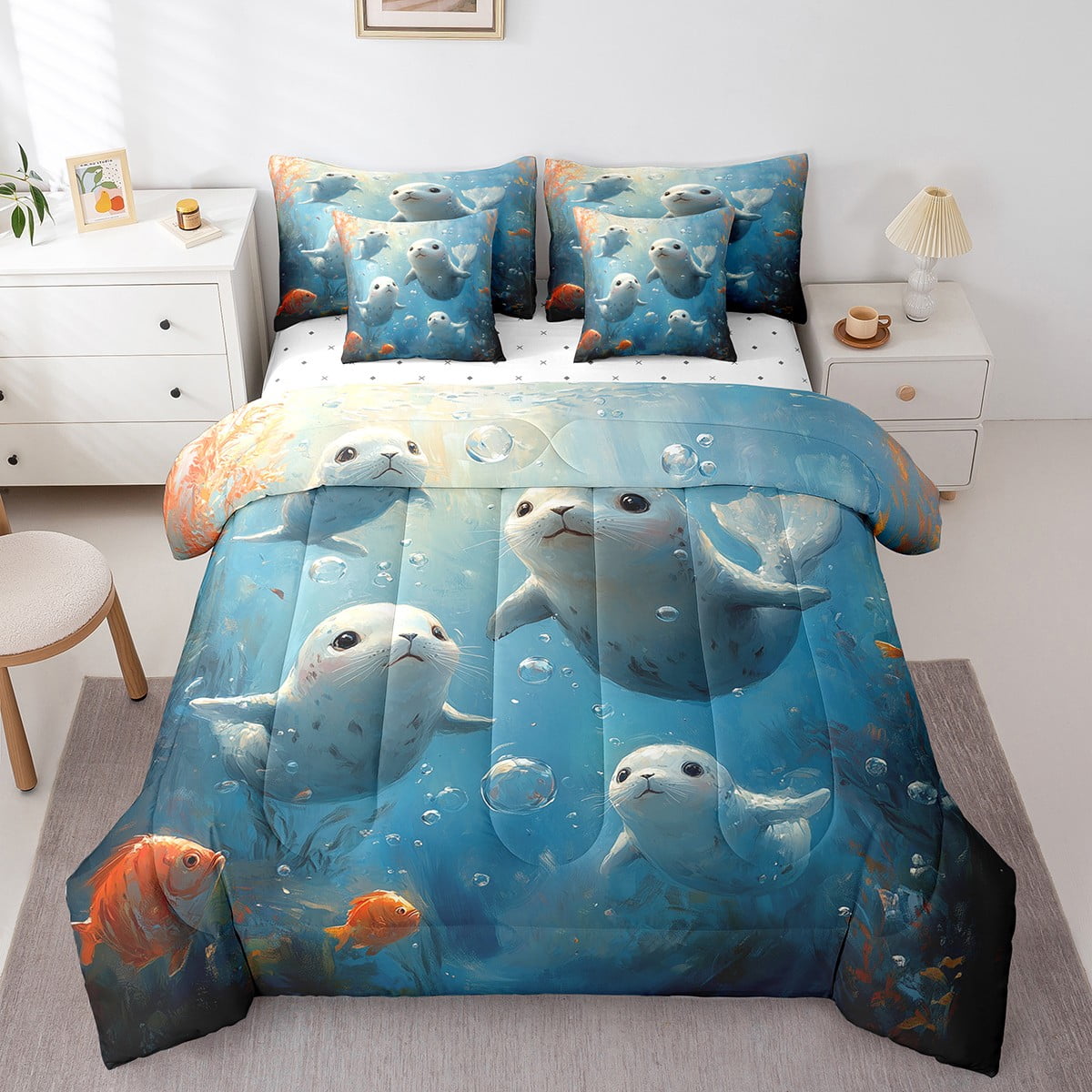 Ocean Seal 7Pcs Comforter Set King Size,Golden Fish Bedding Set Adult ...
