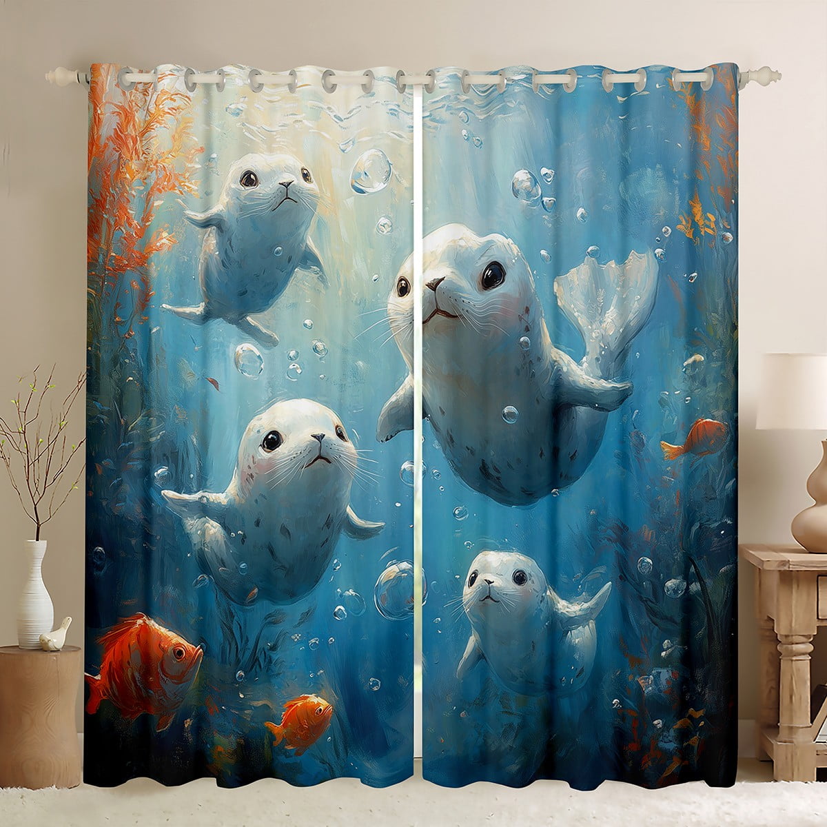 Ocean Seal Window Curtain,Golden Fish Curtains Adult Bedroom Decor ...