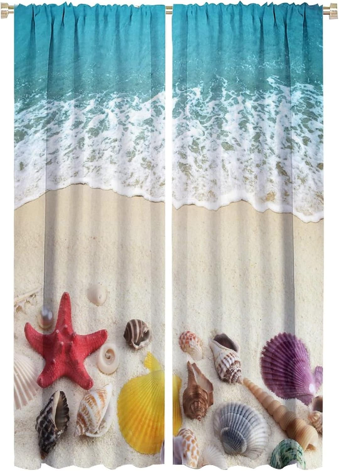 Ocean Seashell Blackout Windows Curtains, Coastal Beach Sand Starfish ...