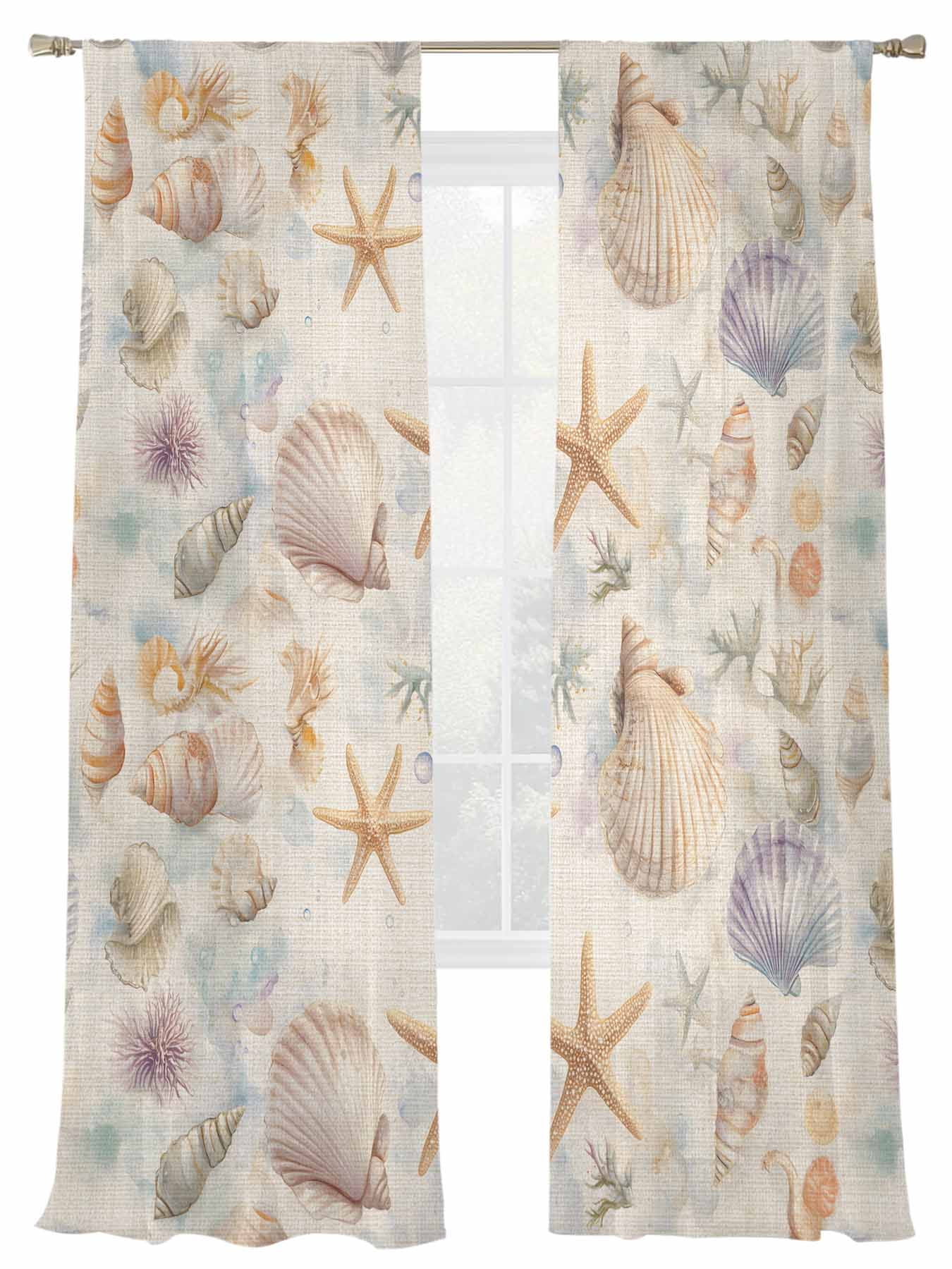 Ocean Seashell Sheer Curtains 108 Inch Long 2 Panels, Starfish Ocean ...