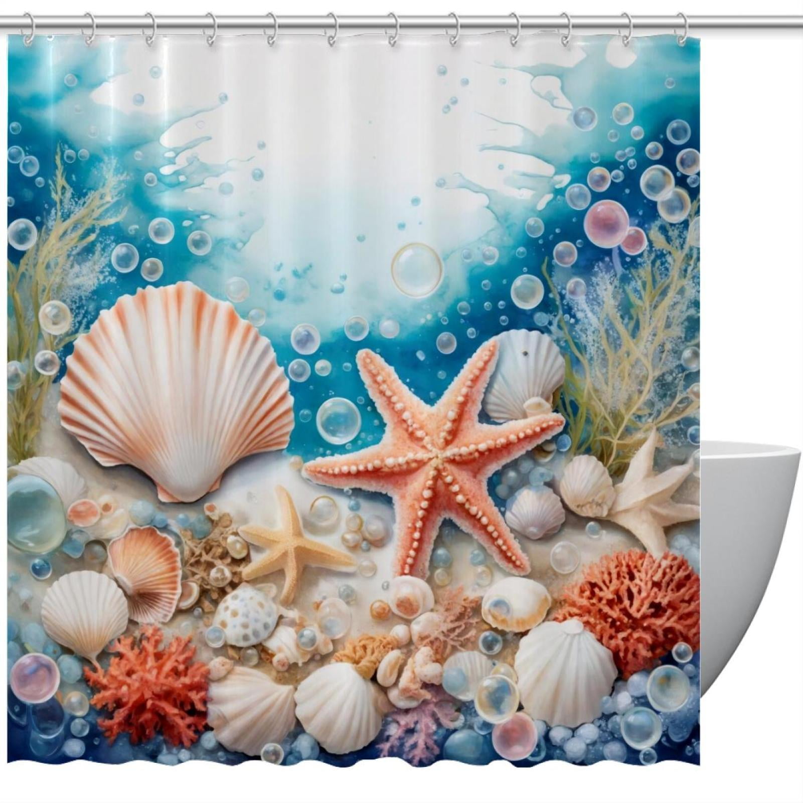 Ocean Seashells Starfish Shower Curtain with Hooks, Waterproof ...