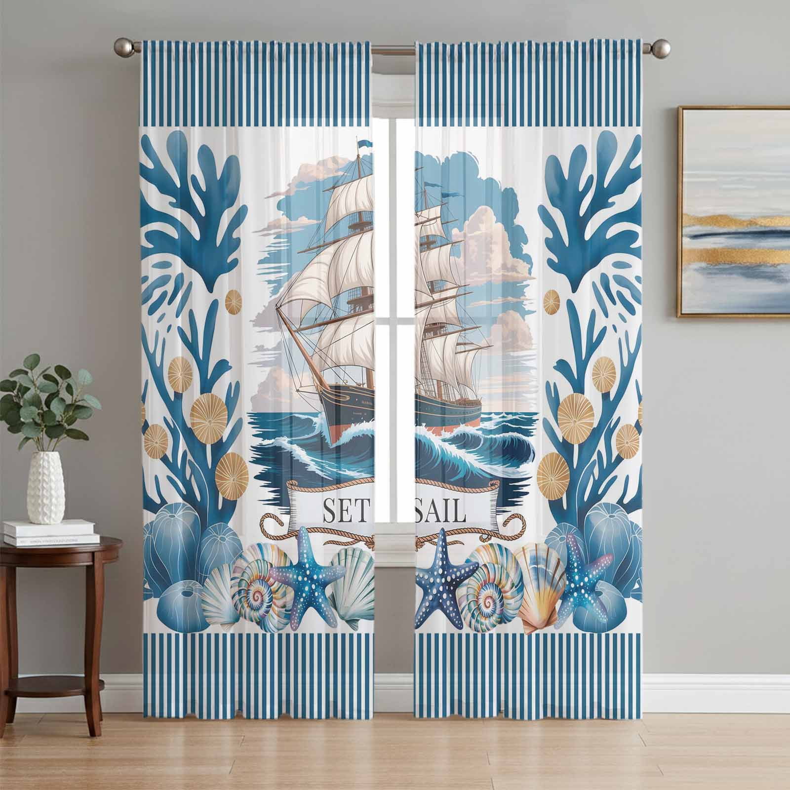 Ocean Set Sail Sheer Curtains 63 Inch Length 2 Panels Set, Sailboat Sea ...