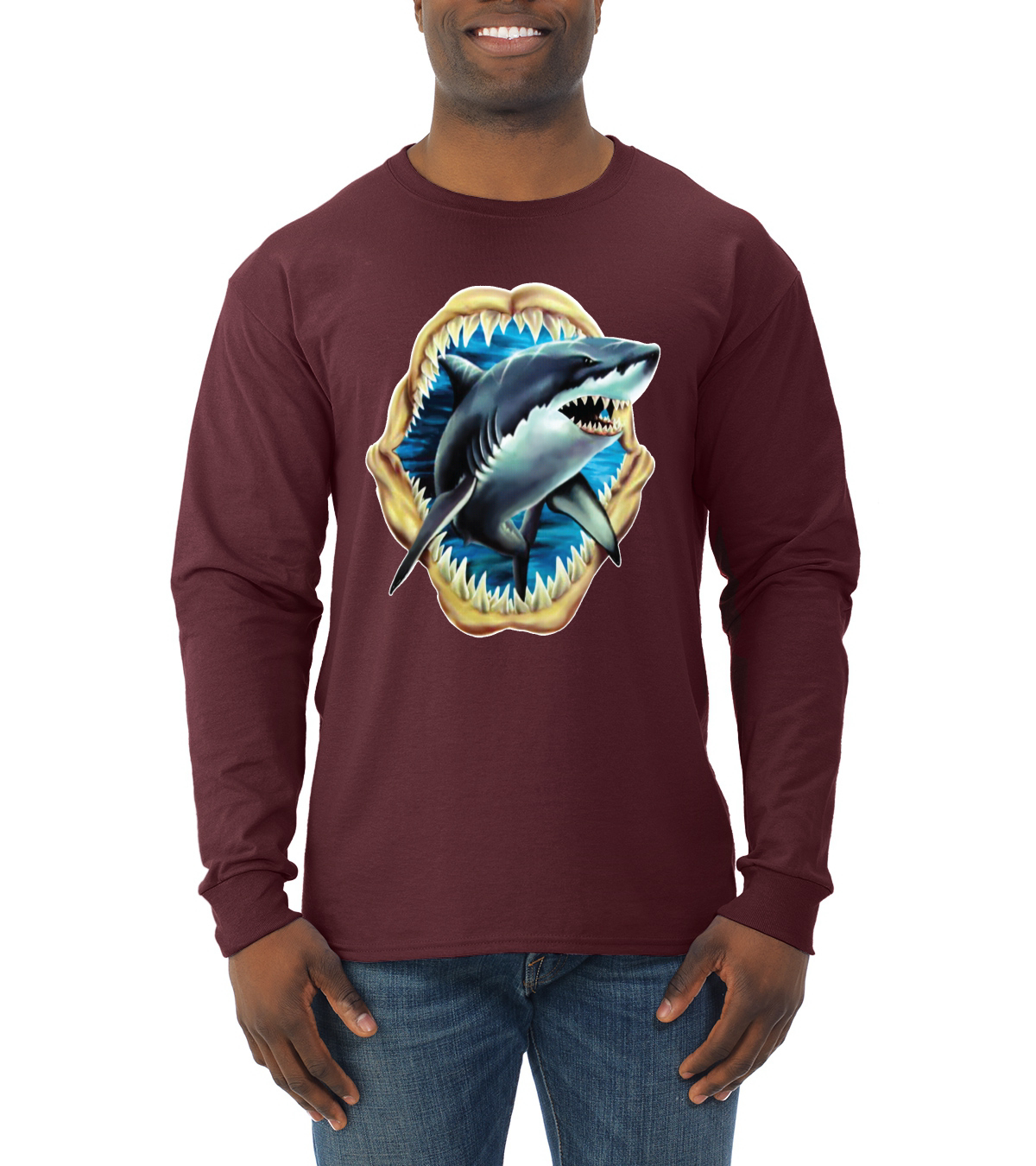 Ocean Shark Big Mouth Mens Long Sleeve Shirt, Maroon, Large - Walmart.com