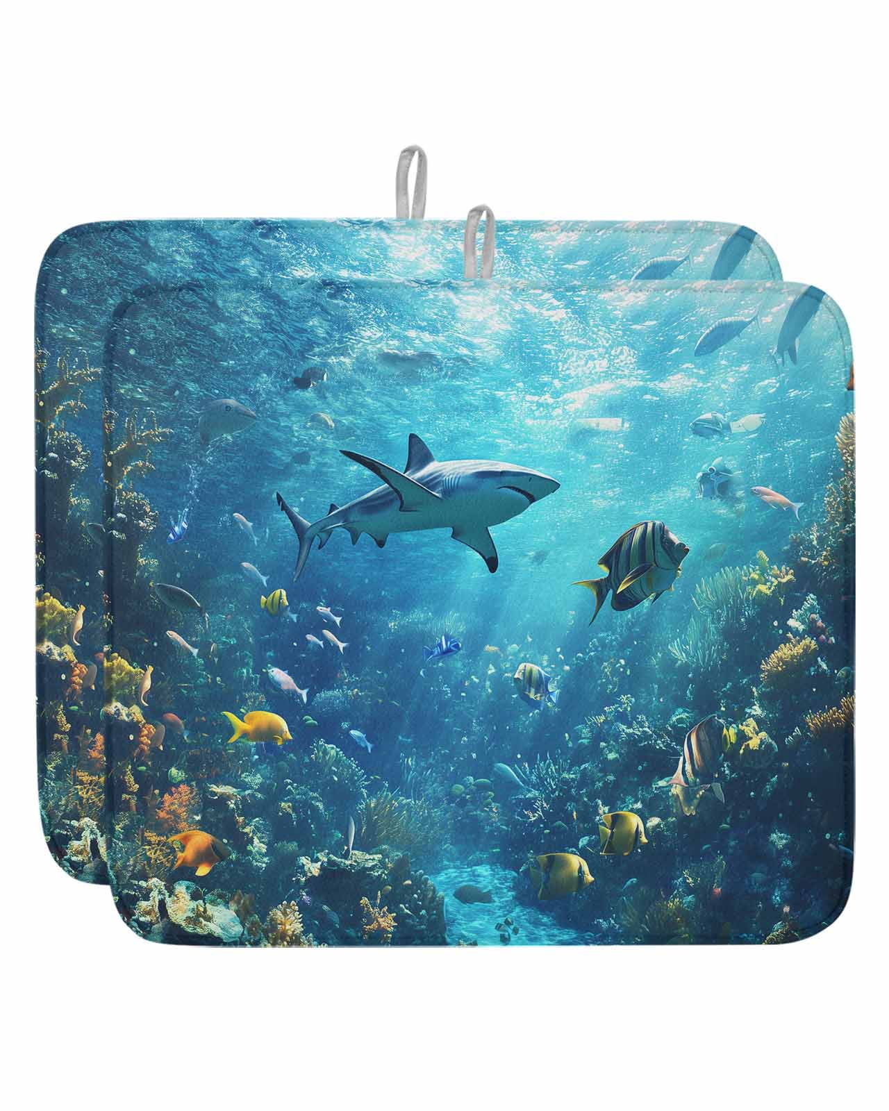 Ocean Shark Dish Drying Mat 16x18 inch Underwater World Coral Fish ...