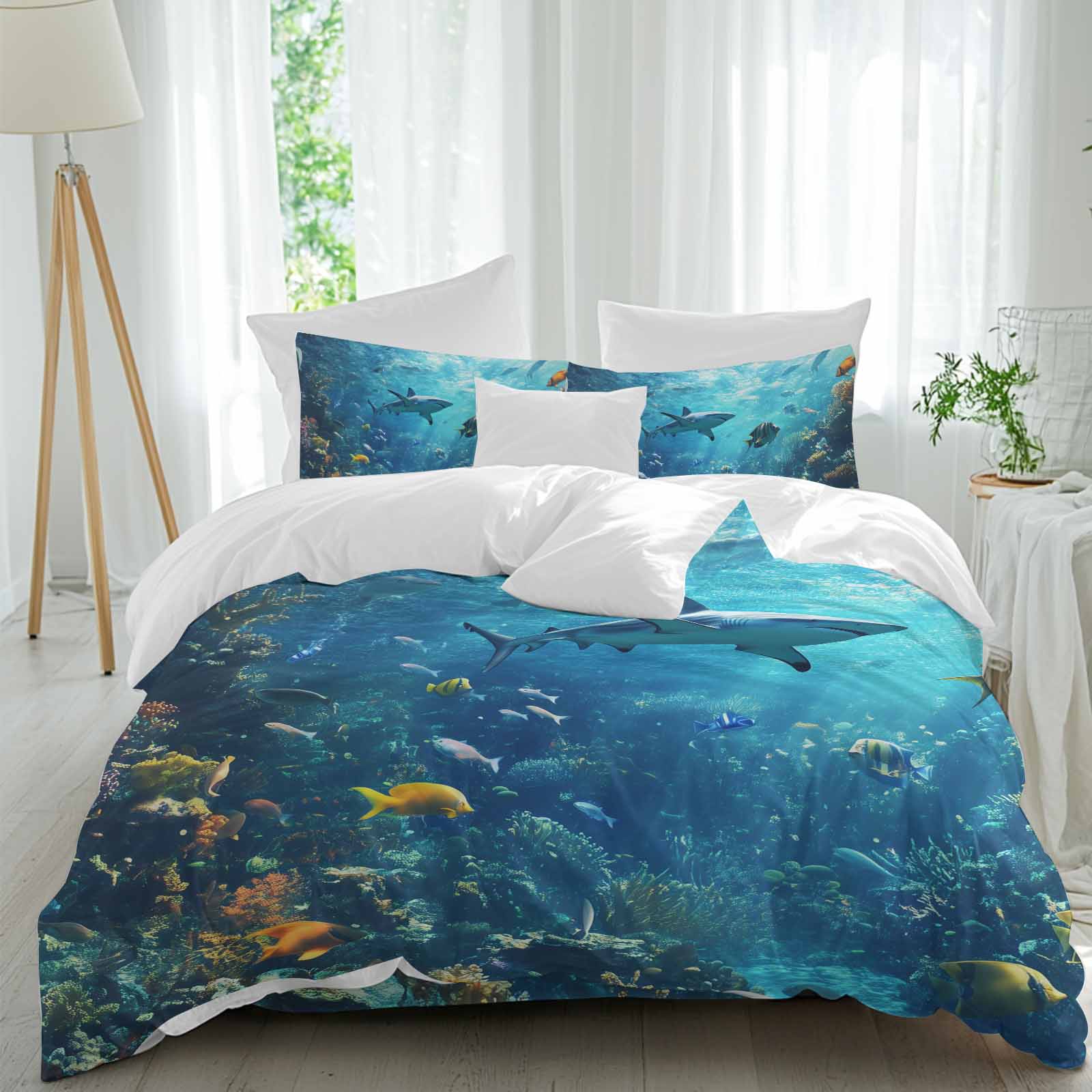 Ocean Shark Duvet Cover Set Queen Size Underwater World Coral Fish ...