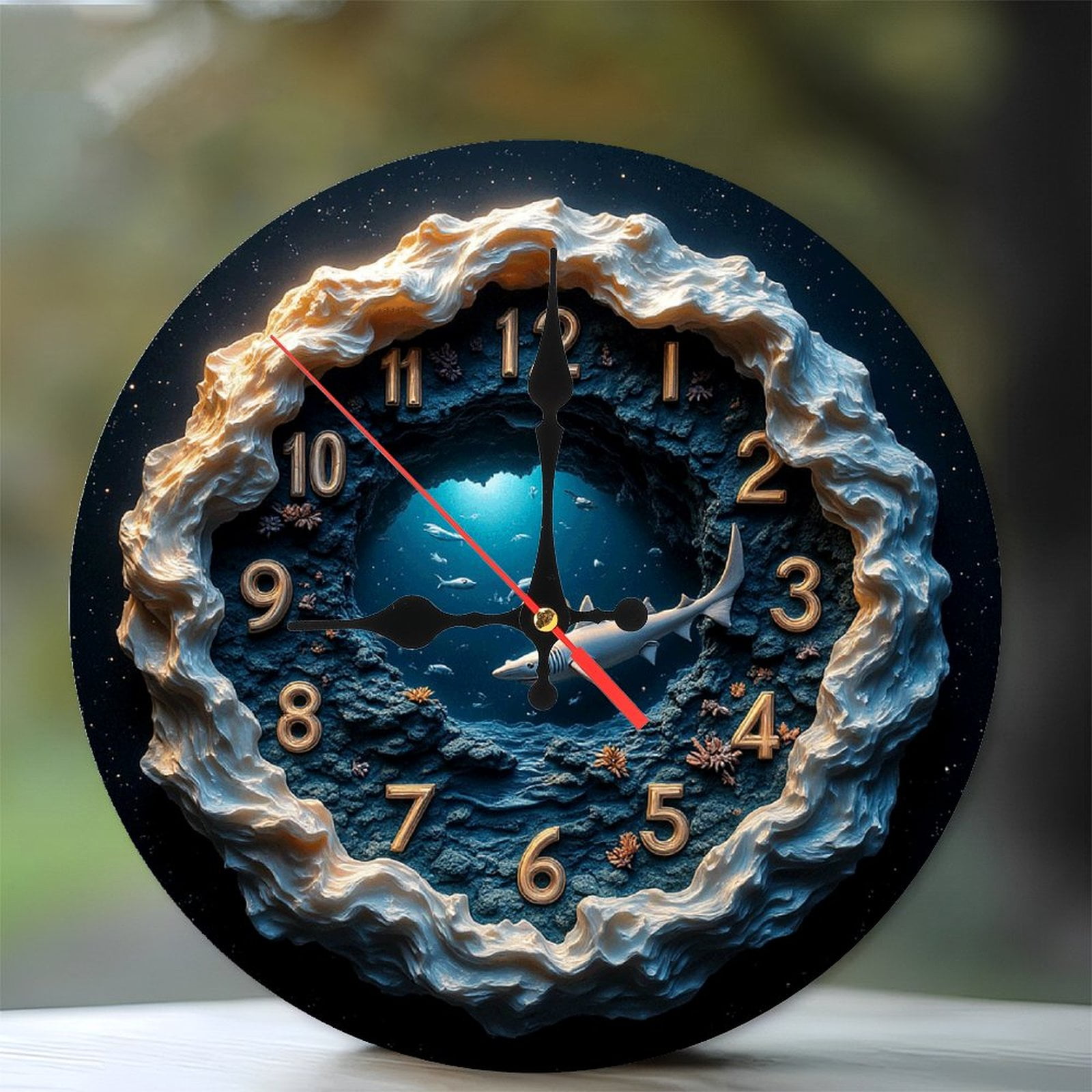 Ocean Shark Wall Clock Deep Sea Decor 10-Inch Silent Wooden Wall Clock ...
