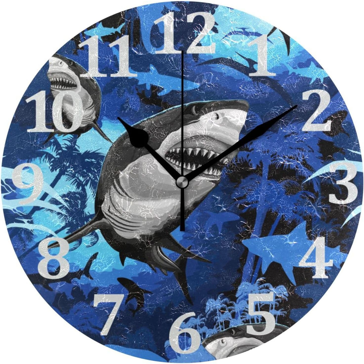 Ocean Shark Wall Clock Round Vintage Silent Non Ticking Battery ...