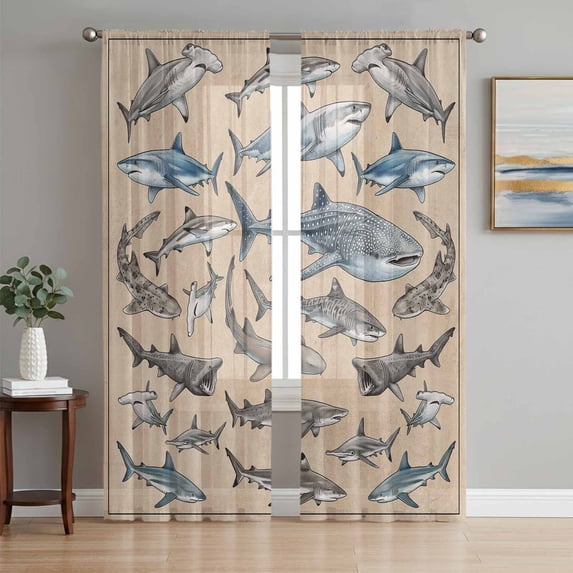 Ocean Sharks Sheer Curtains 96 Inch Length 2 Panels Set, Vintage ...
