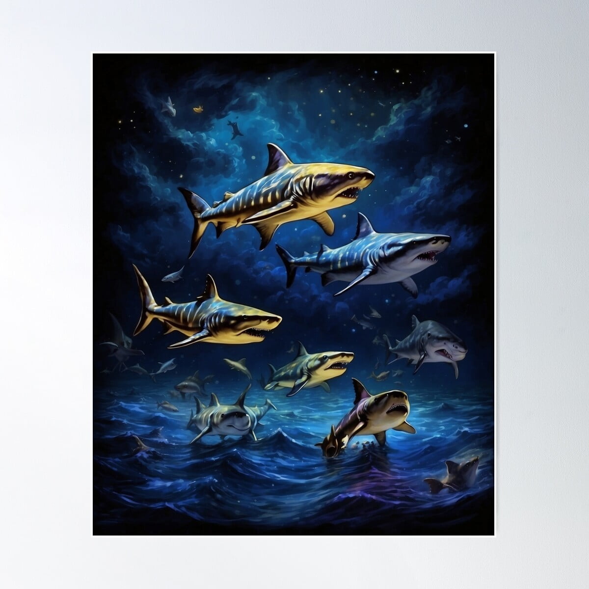 Ocean Sharks Swimming In Unity Poster Wall Art, Modern Wall Decor For ...