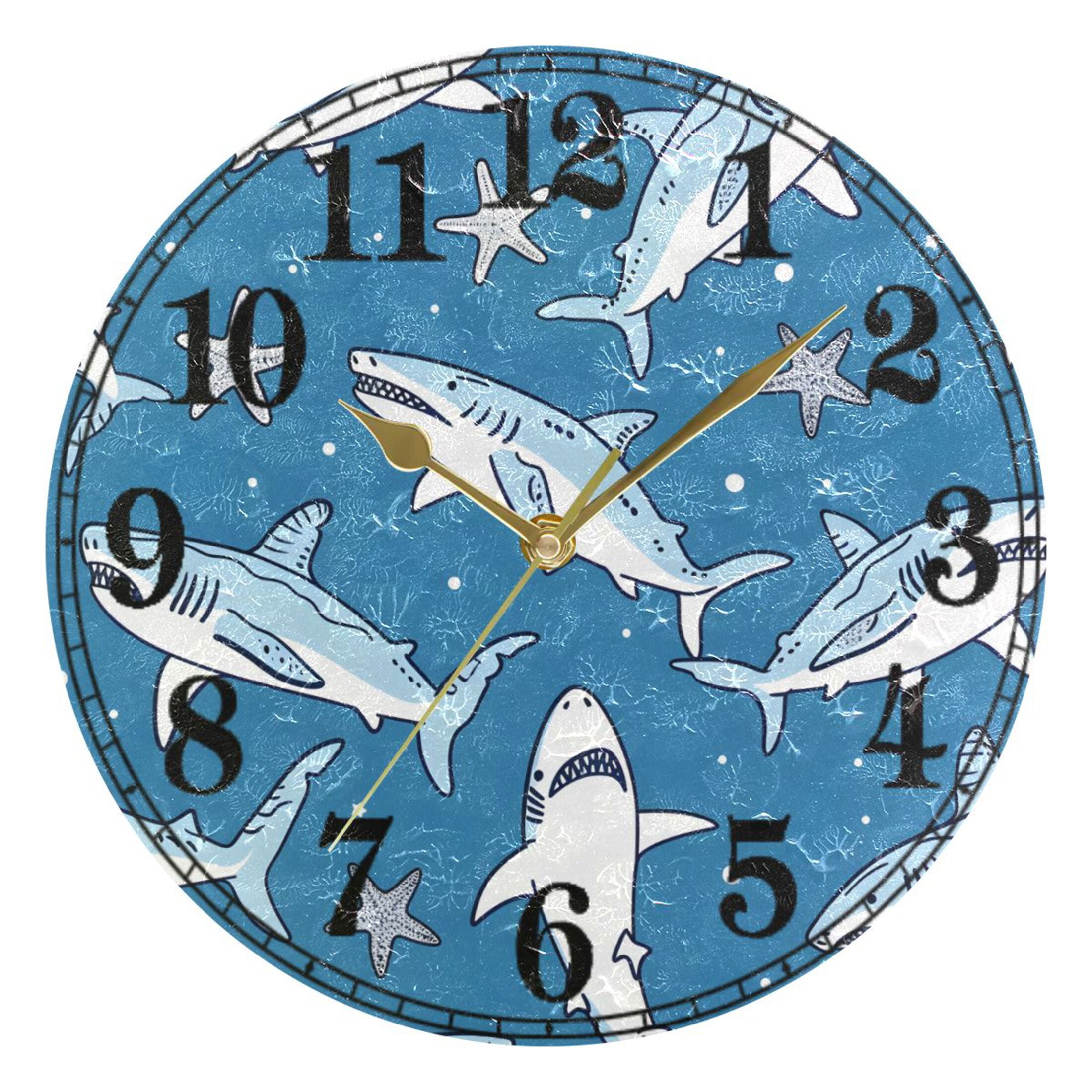 Ocean Sharks and Sea Stars Silent Wall Clock 10" Non-Ticking Battery ...