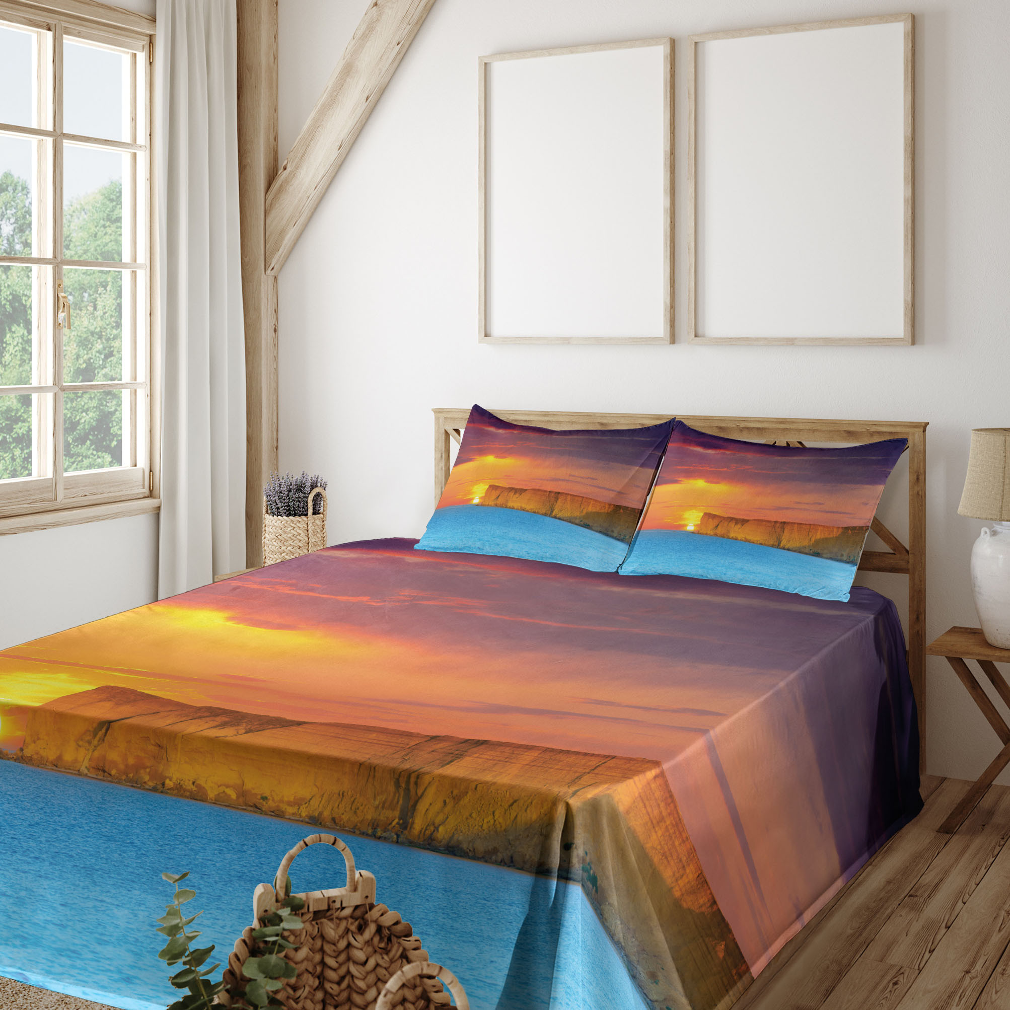 Ocean Sheet Set, Dramatic Sea Summer Sunset with Huge Cliff Vibrant ...