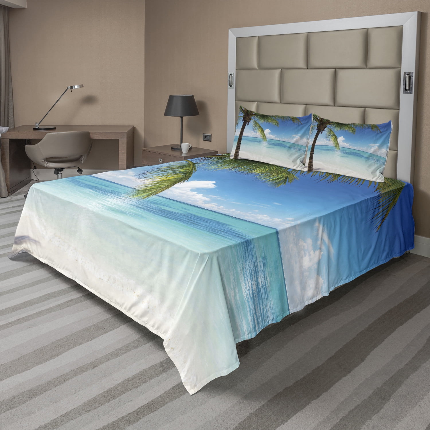 Ambesonne Ocean Fitted & Top Sheet Set with Shams, Exotic Beach ...