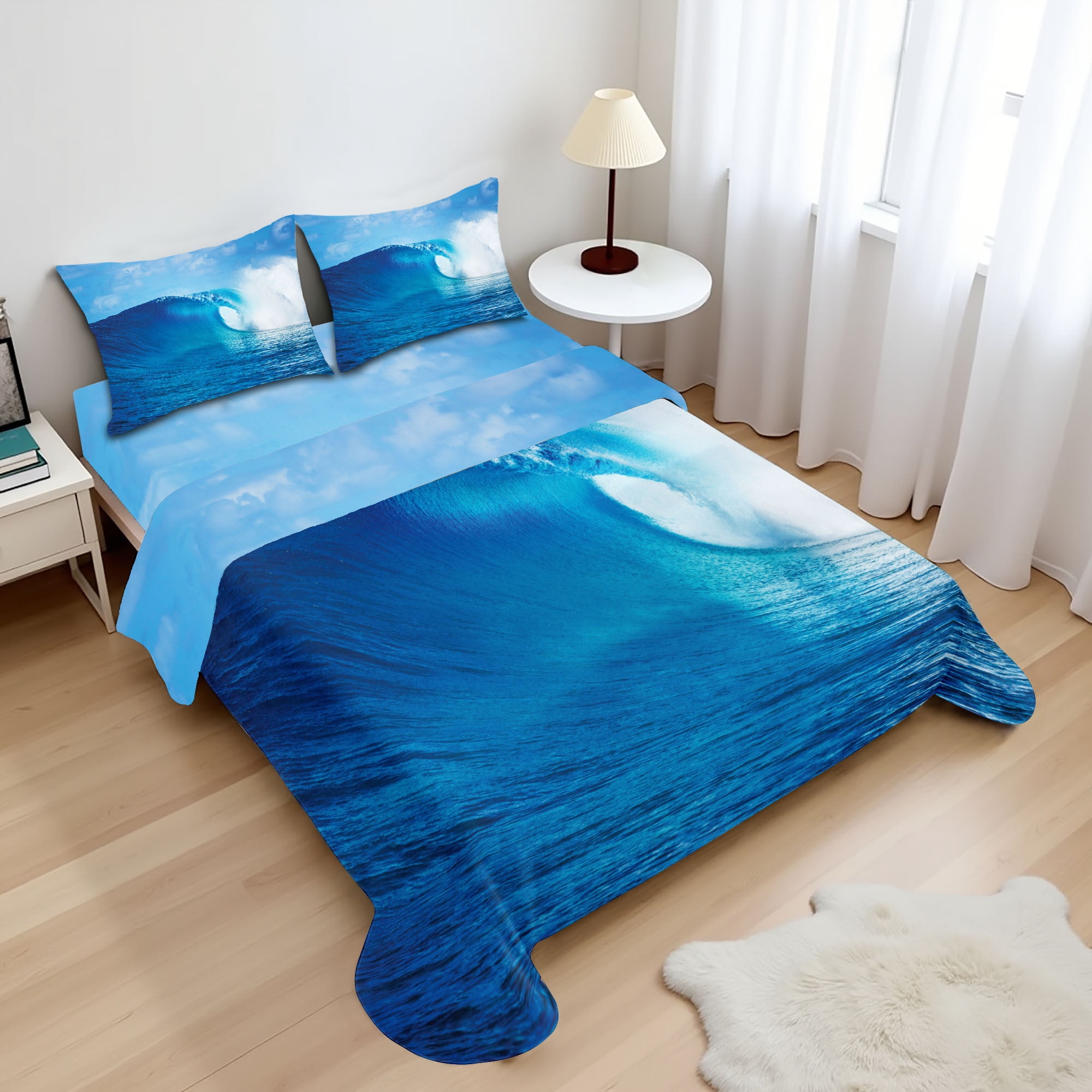 Ocean Sheet Set, Nature Cloudy Summer Sky Wavy Ocean Adventure Surfing Vacation Tourist Picture ...