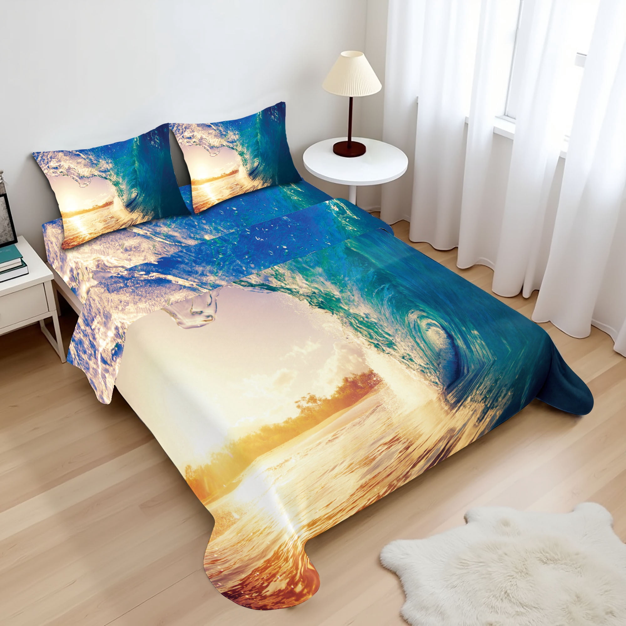 Ambesonne Ocean Fitted & Top Sheet Set with Shams, Tropical Trees ...