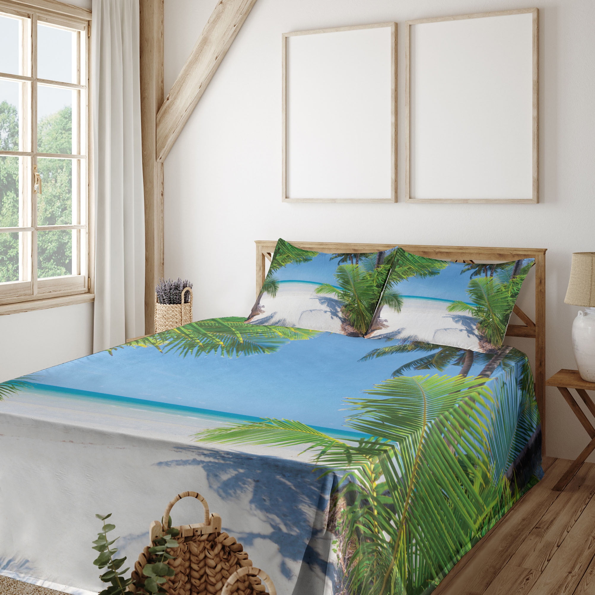 Ocean Sheet Set, Palm Leaves and Tropical Beach Coastline Seashore ...