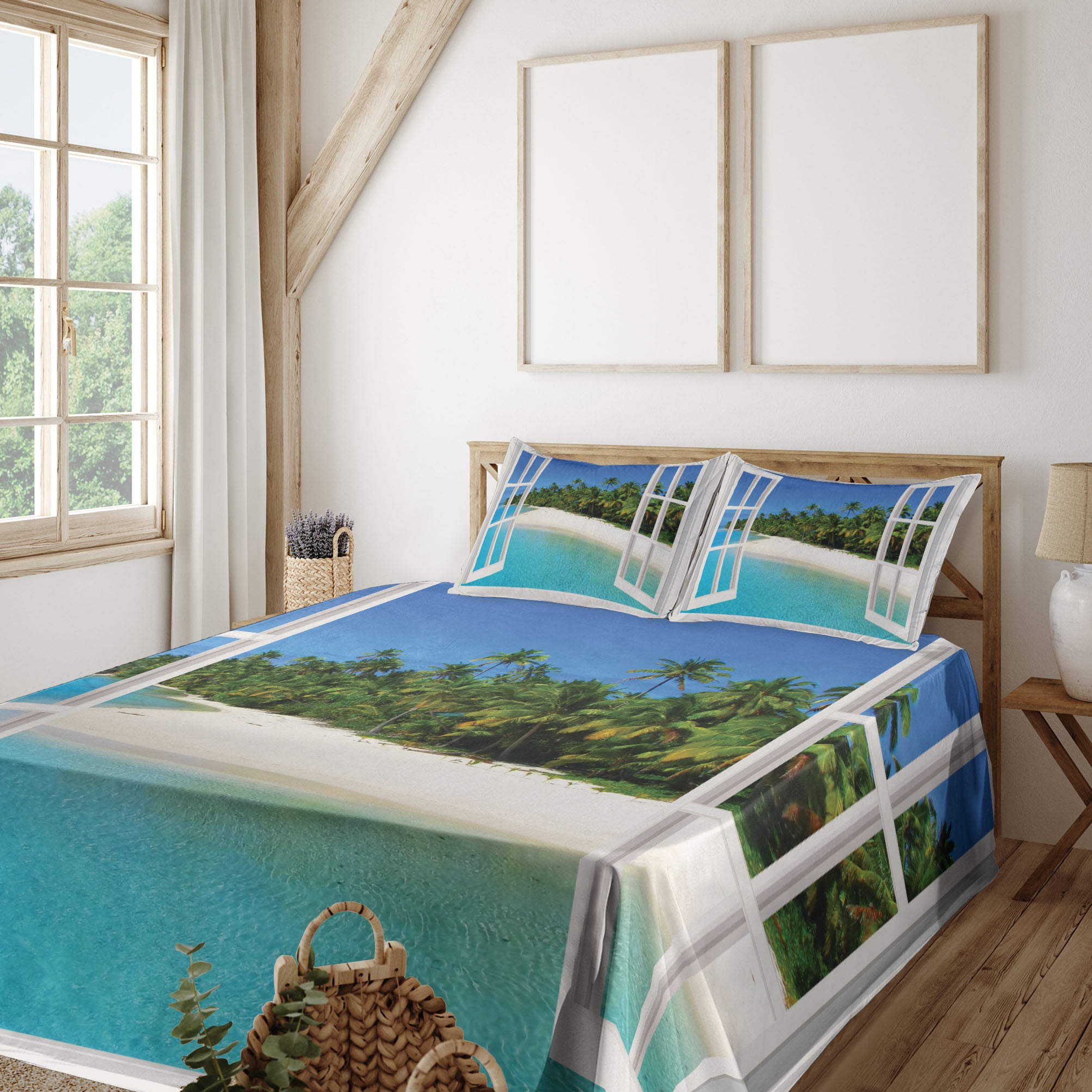 Ocean Sheet Set, Paradise Island View from Wooden Gazebo Window Palm ...
