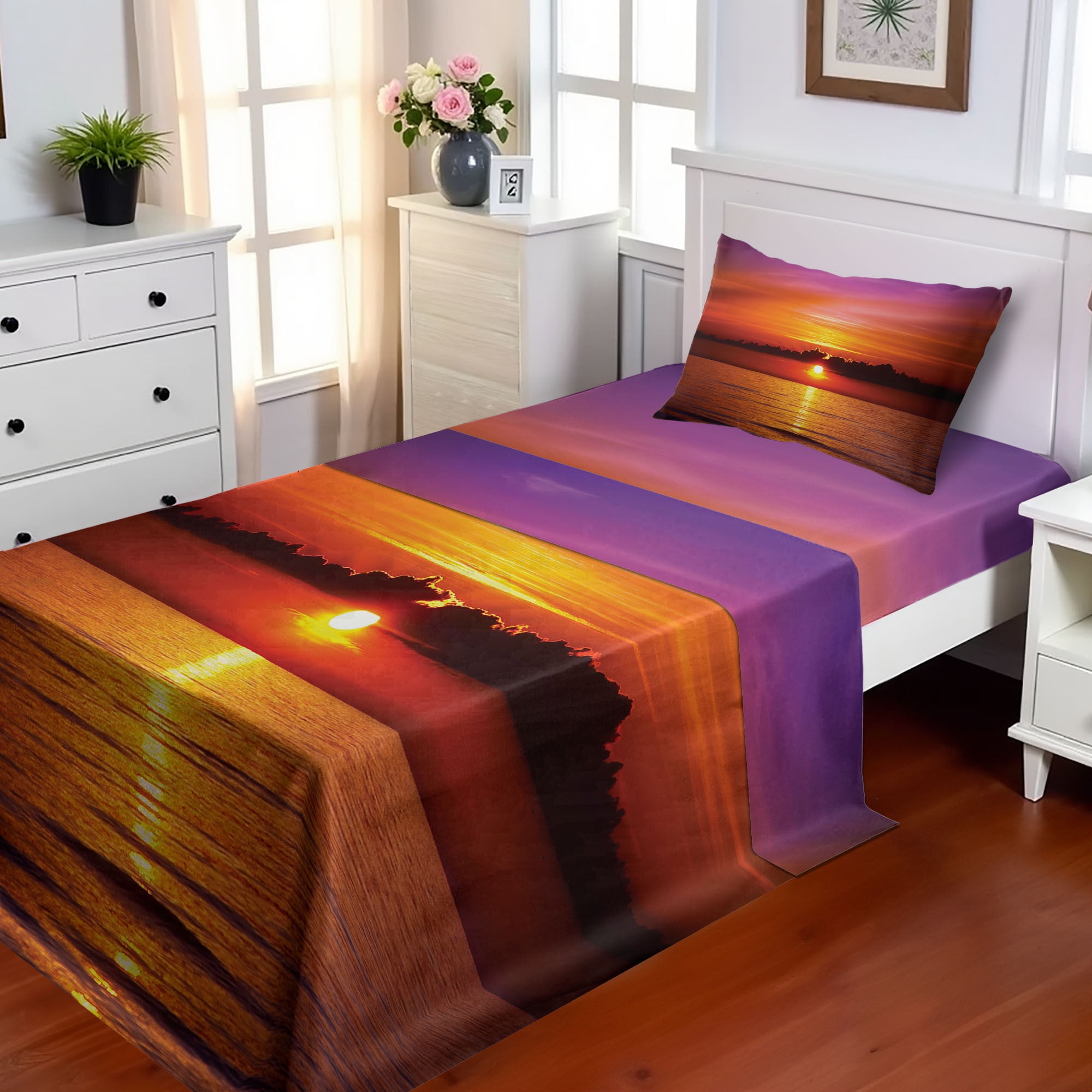 Ambesonne Romantic Fitted & Top Sheet Set with Sham, Colorful Beach ...