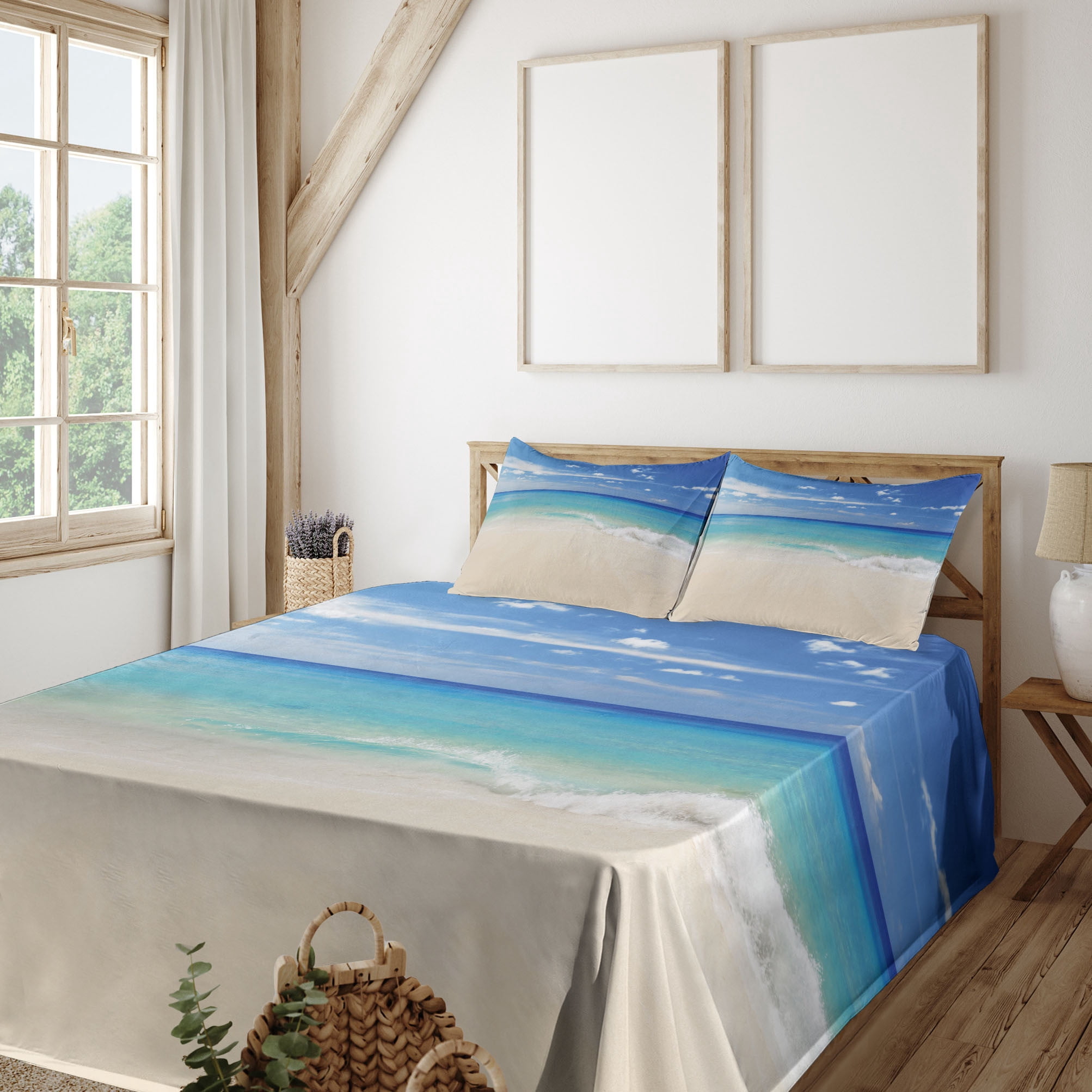 Ambesonne Tropical Fitted & Top Sheet Set with Shams, Shore Sea with ...