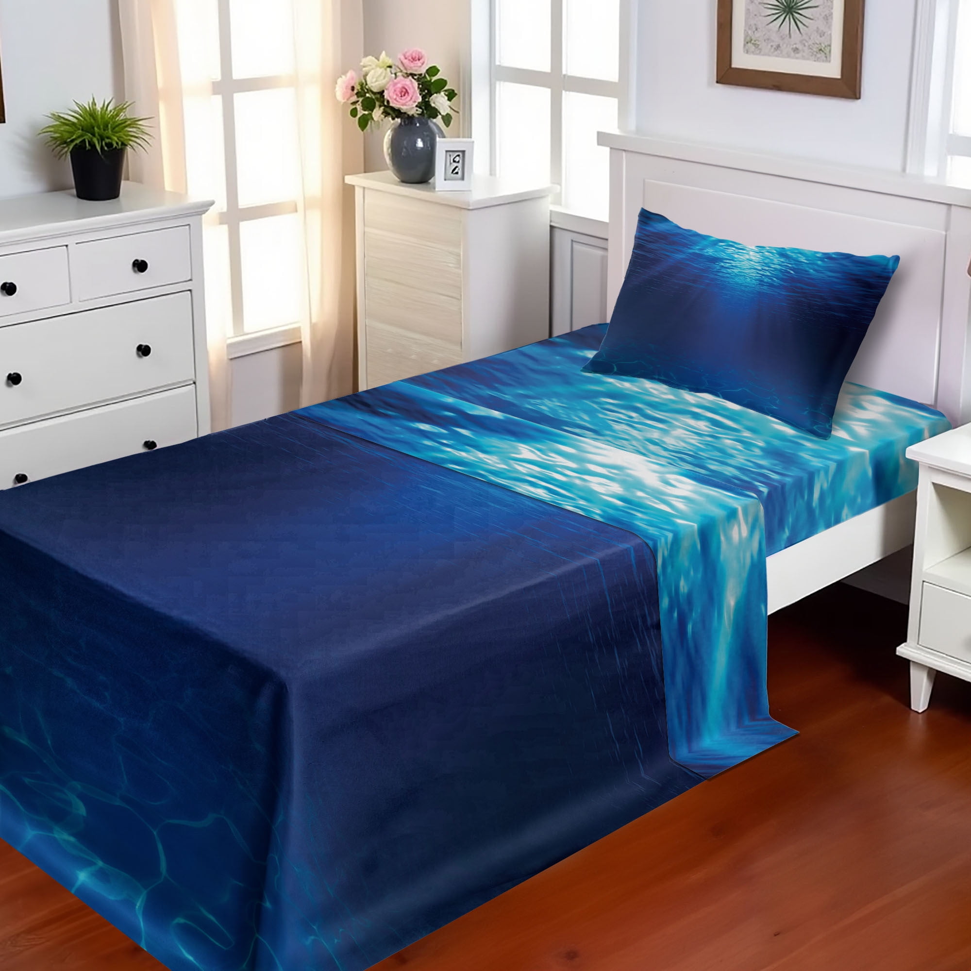 Ocean Sheet Set, Underwater View Sandy Seabed Aquatic Scenes Sunbeams ...