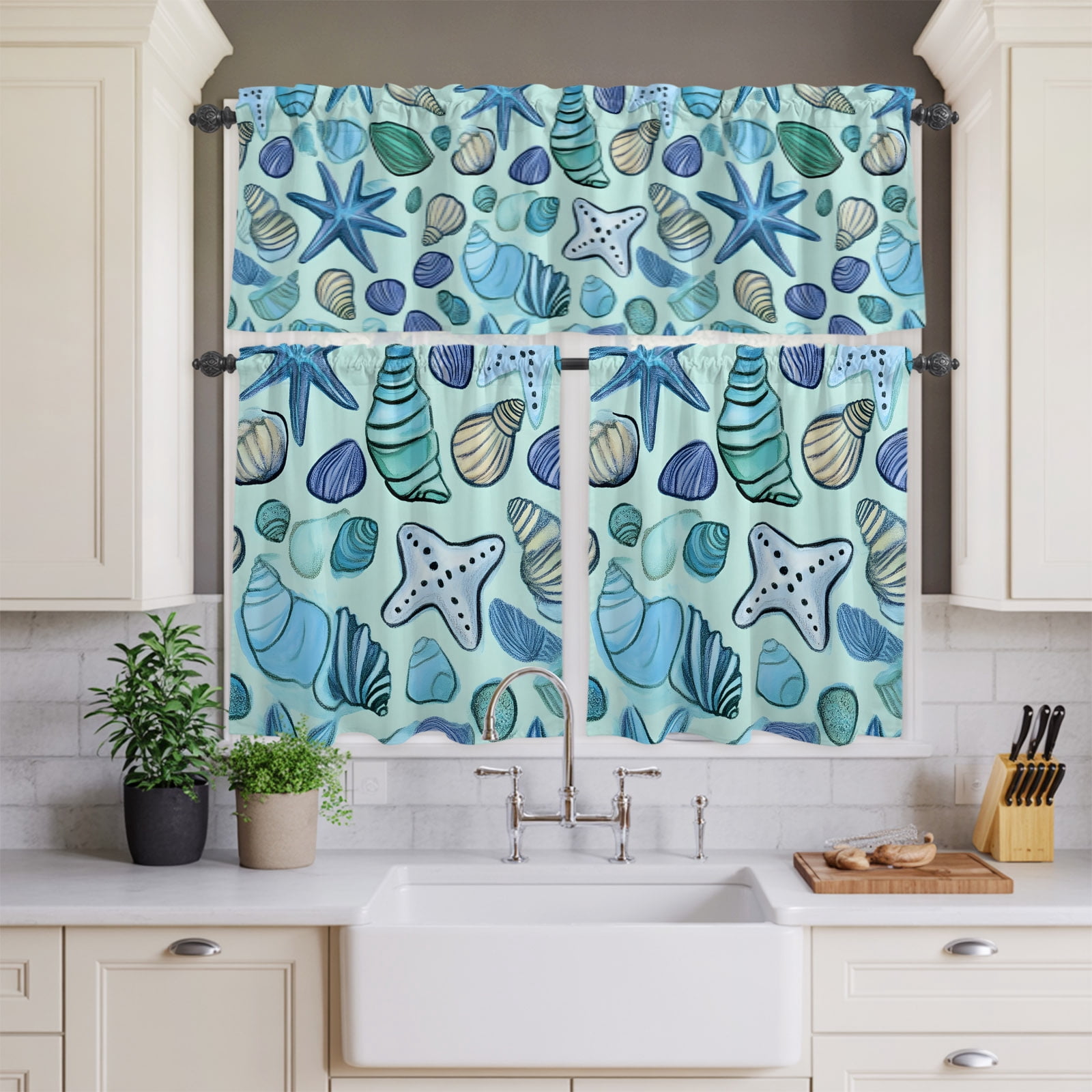 Ocean Shell Conch Cartoon Style Curtain Tier and Valance Set 3 Piece ...