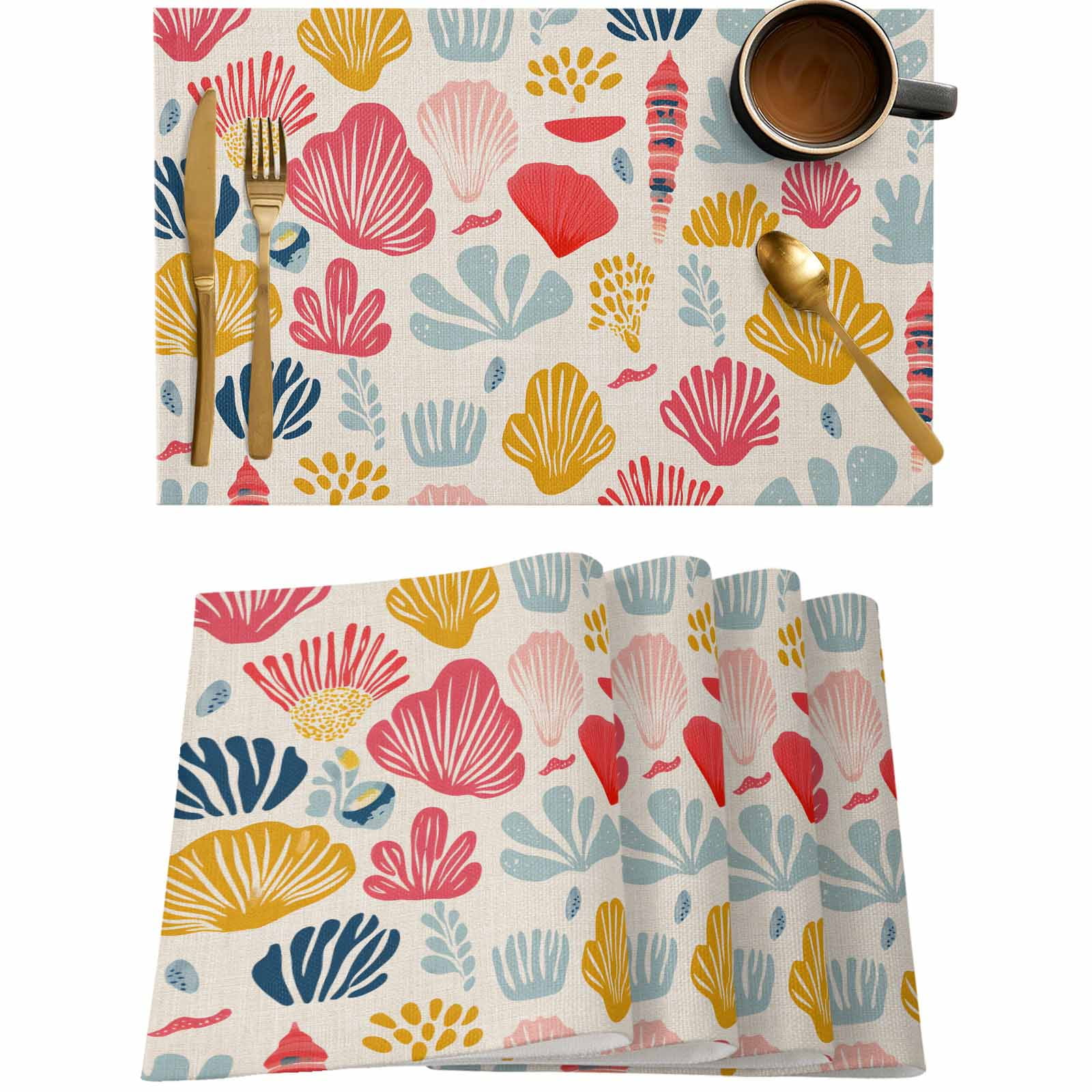 Ocean Shell Coral Colorful Placemats Set of 4,Wipeable Washable Table ...