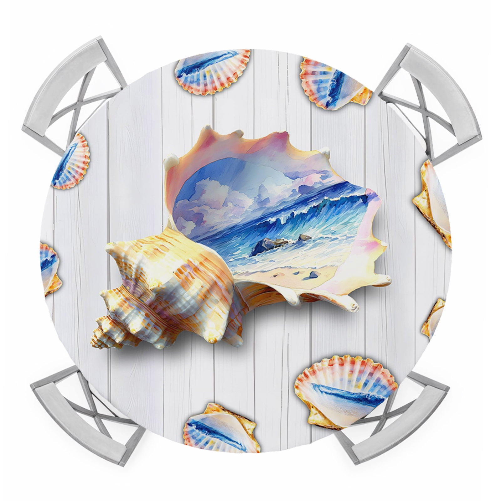 Ocean Shell Round Table Cover, Summer Seaside Beach Wave Conch White ...