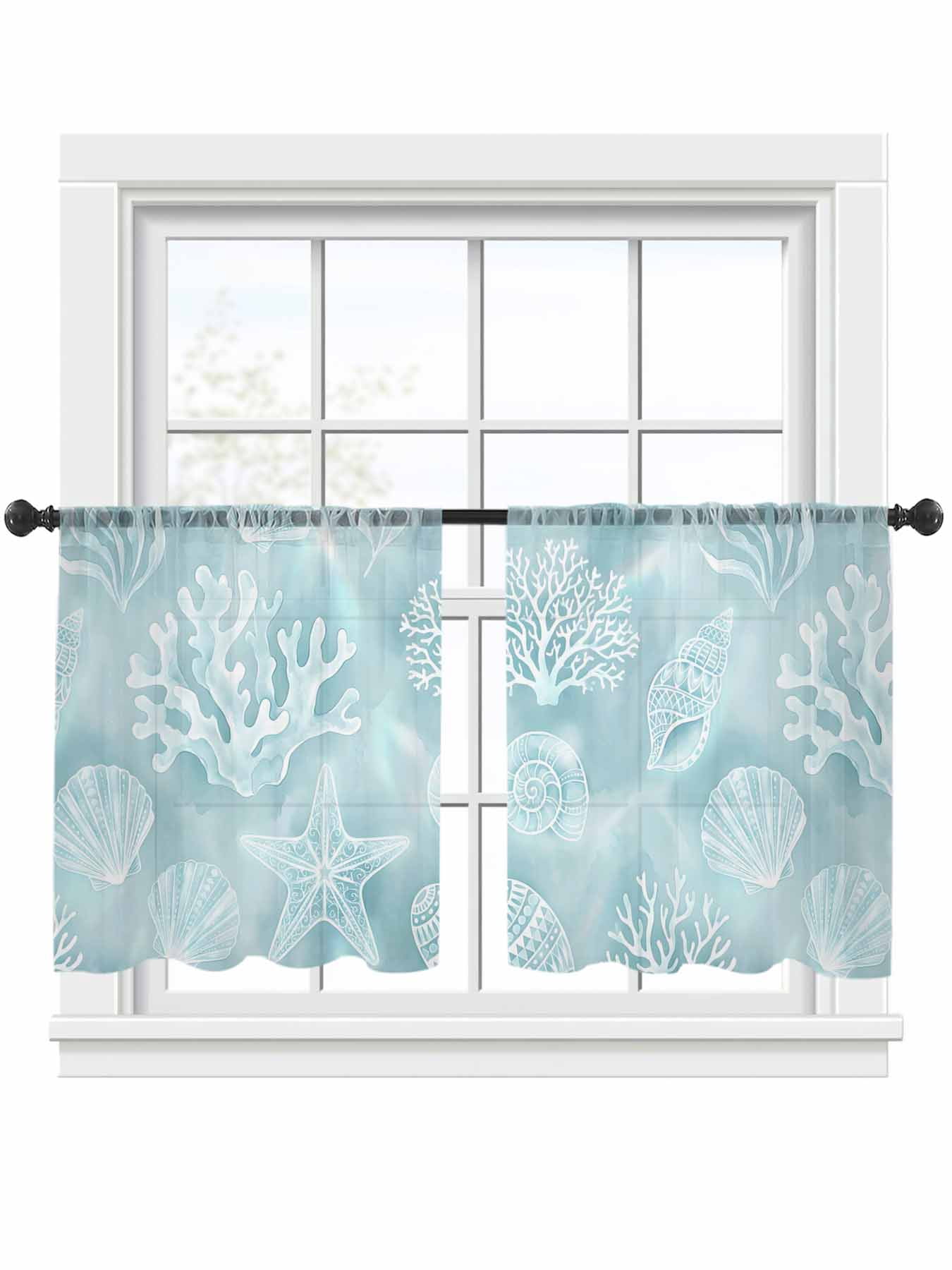 Ocean Shell Sheer Curtains 2 Panels Set Green Sea Shells Coral Stars ...