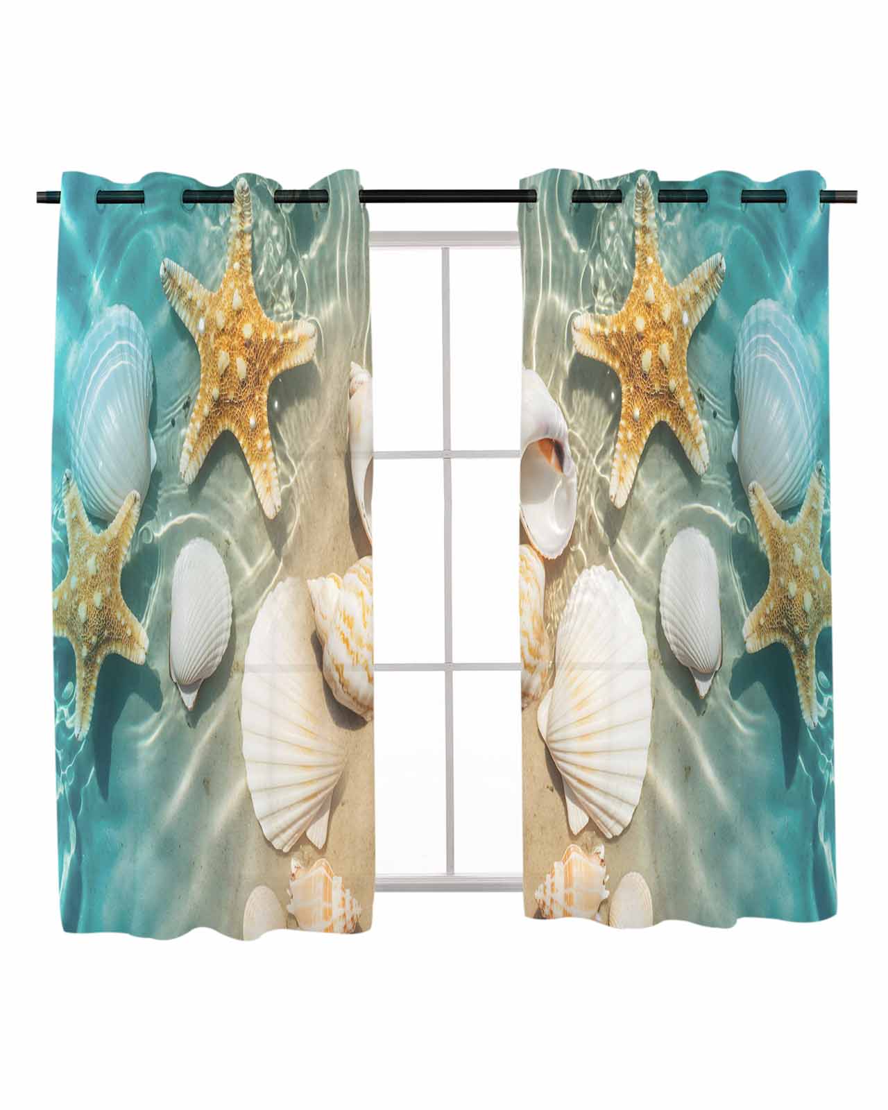 Ocean Shell Sheer Curtains 54 Inch Length 2 Panels Beach Starfish Sea ...