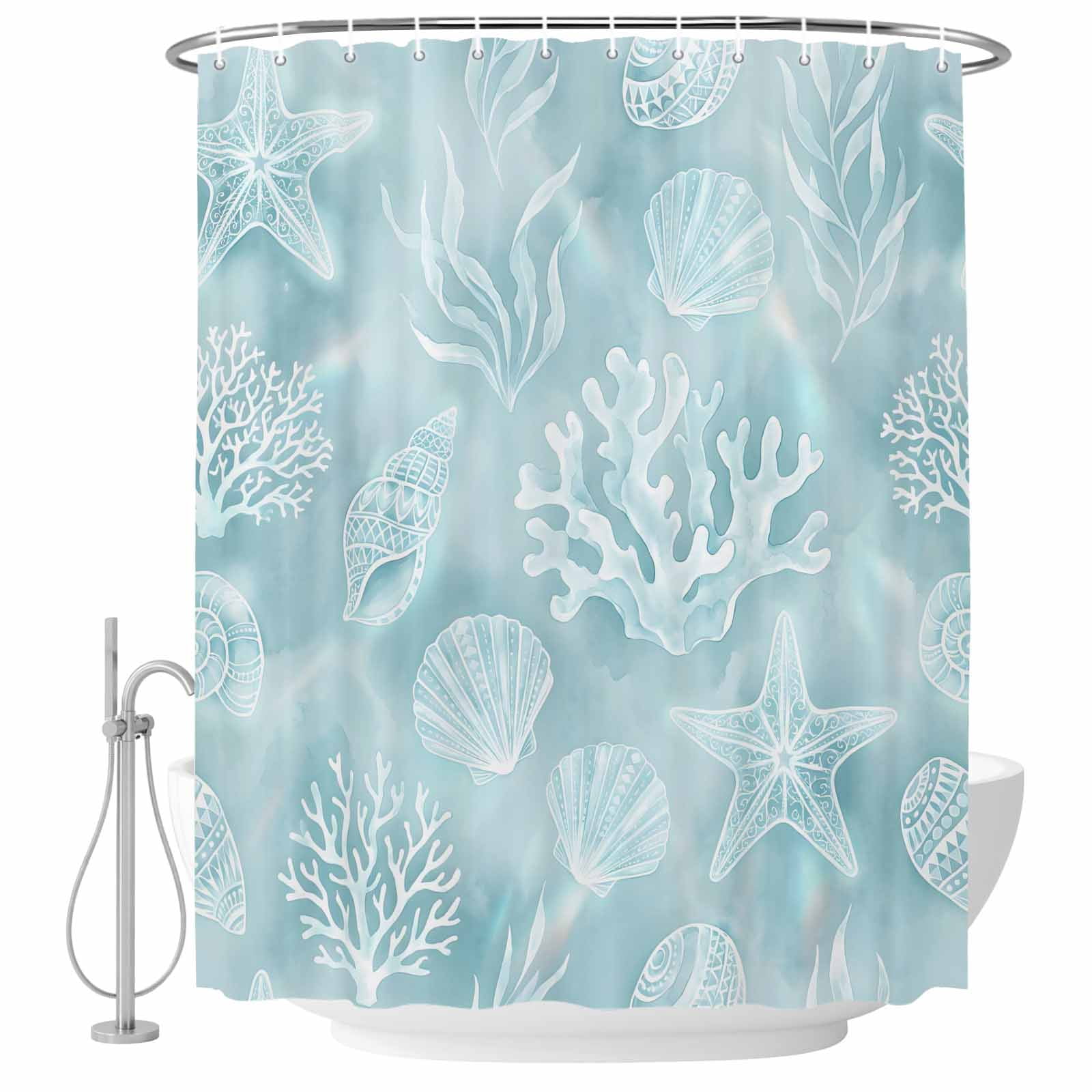 Ocean Shell Shower Curtain for Bathroom, Green Sea Shells Coral Stars ...