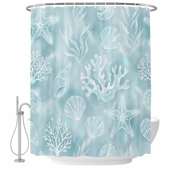 Ocean Shell Shower Curtain for Bathroom, Green Sea Shells Coral Stars ...