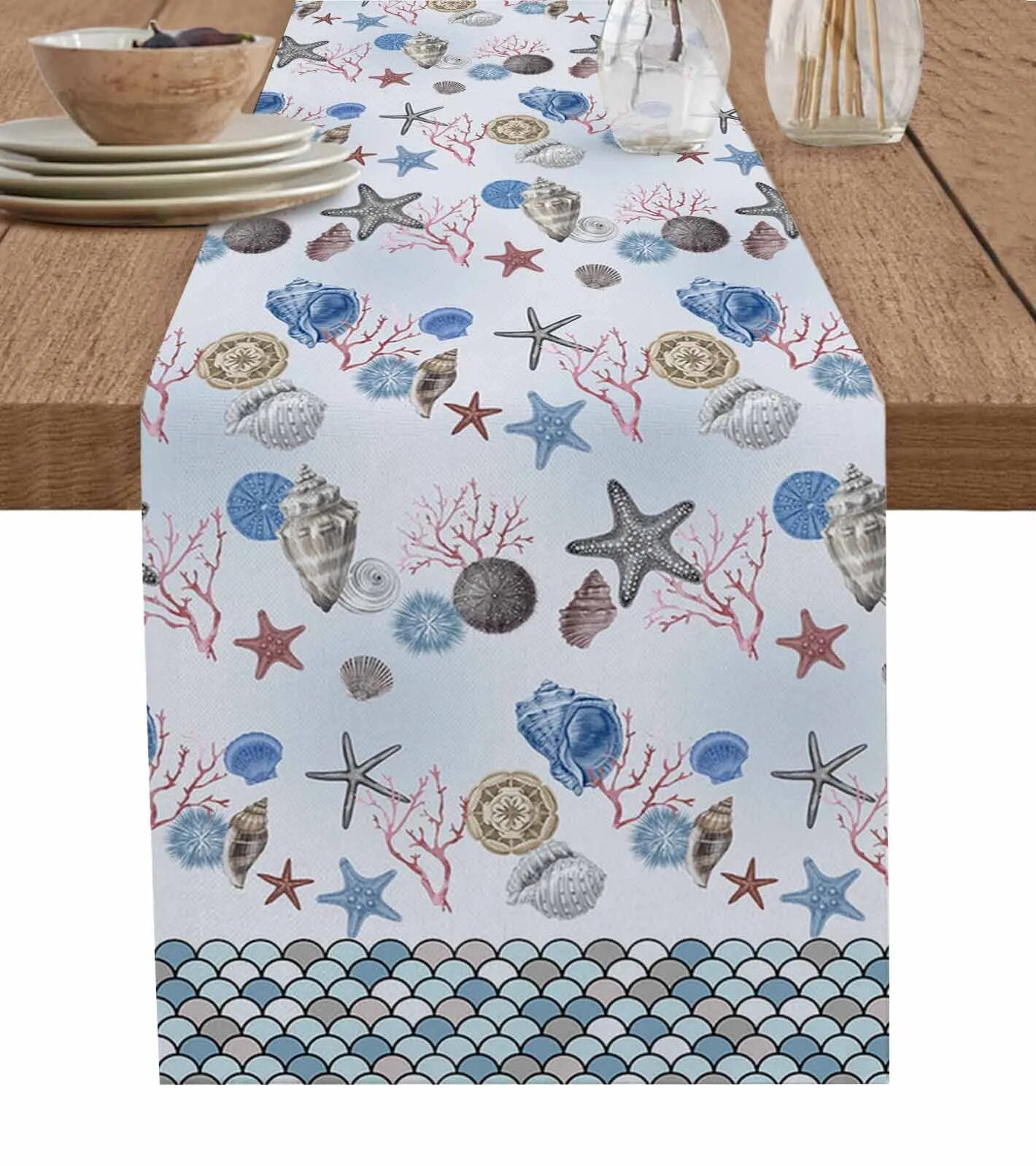 Ocean Shell Star Fish Scales Table Runner Cotton Linen Wedding r Table ...