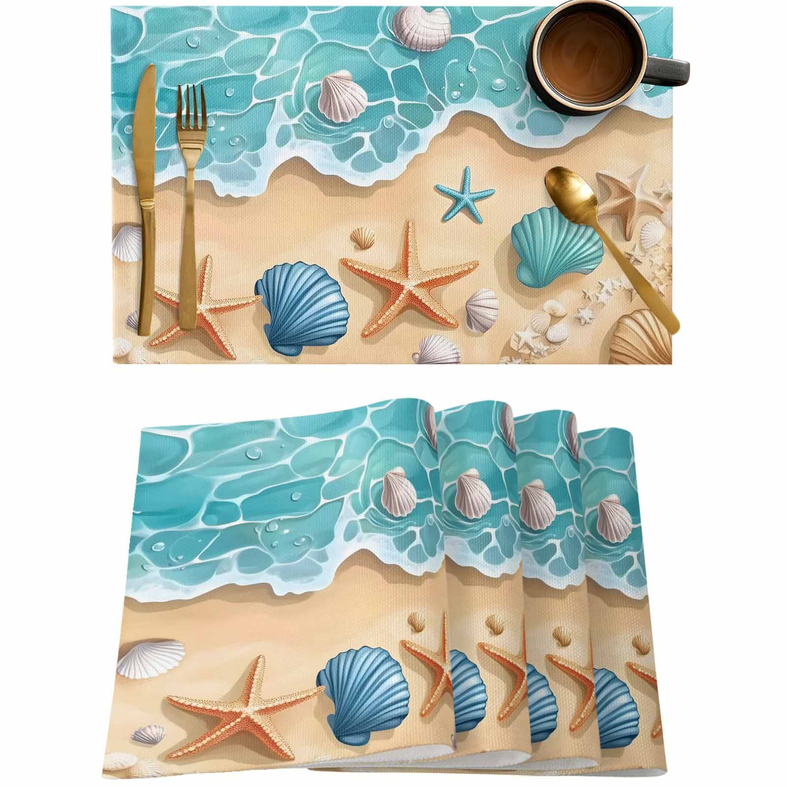 Ocean Shell Starfish Cartoon Theme Placemats Set of 4,Wipeable Washable ...