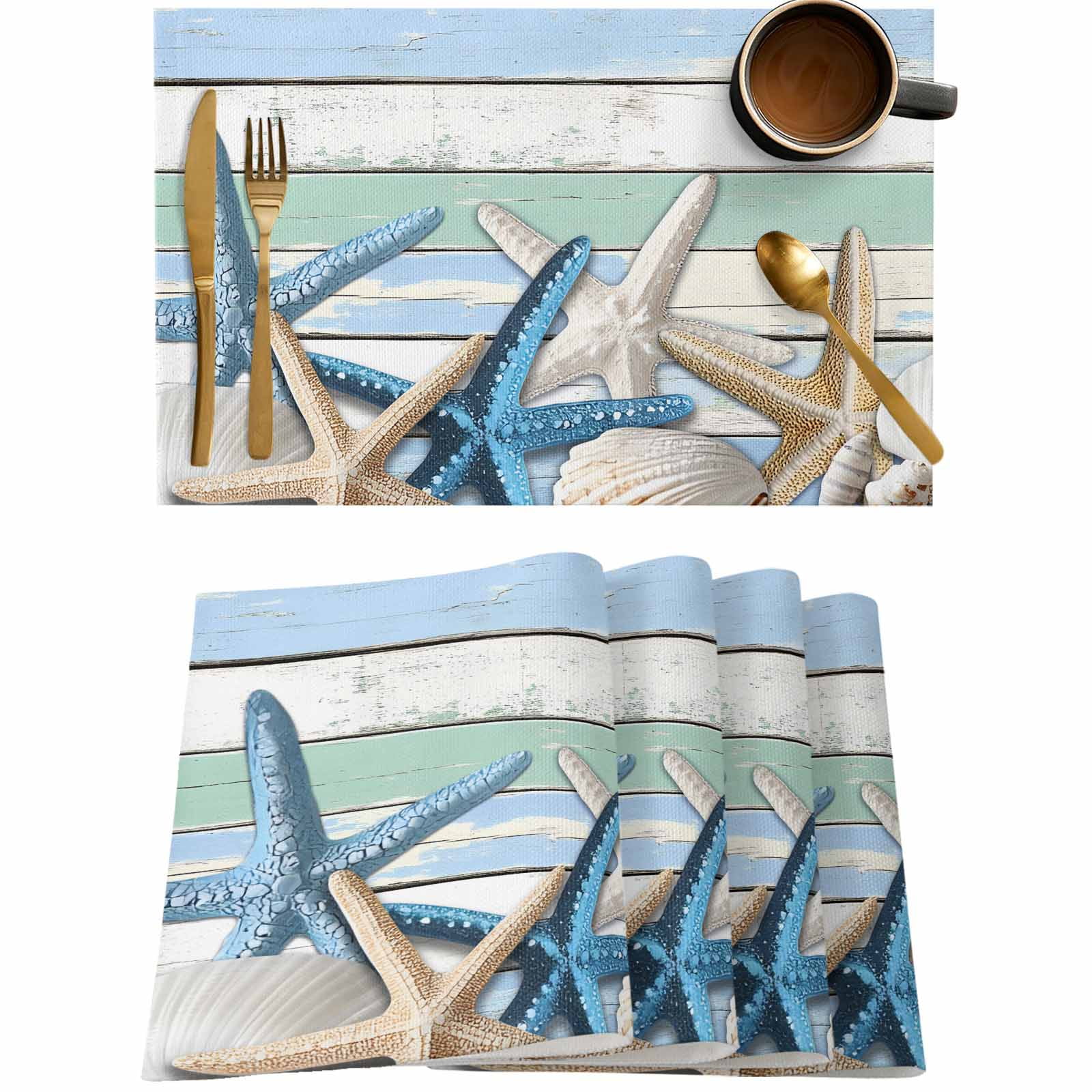 Ocean Shell Starfish Coastal Nautical Placemats Set of 4,Wipeable ...