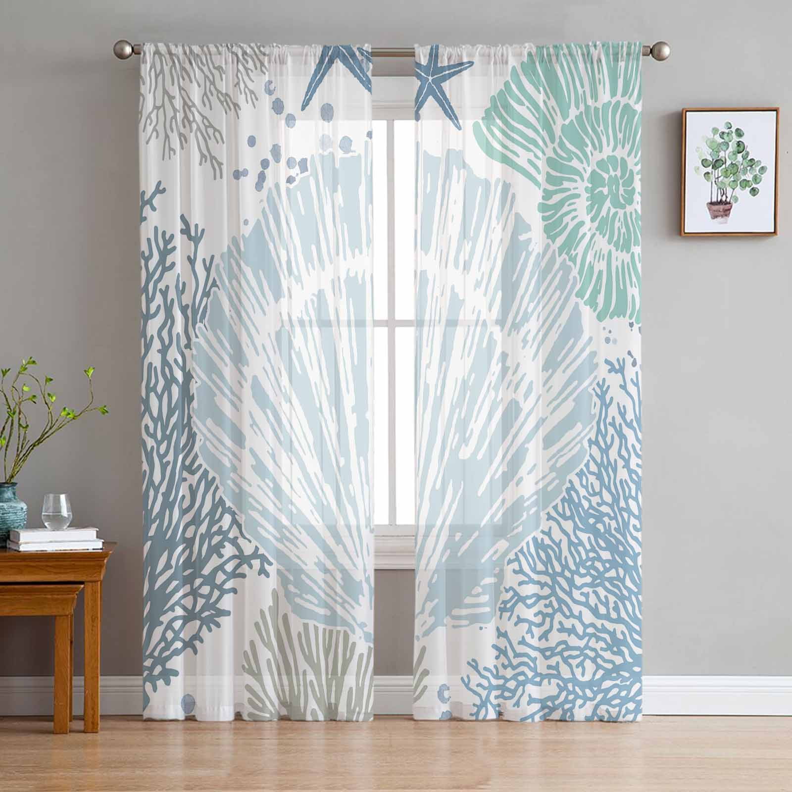 Ocean Shell Texture Triangle Tulle Sheer Window Curtains For Living ...