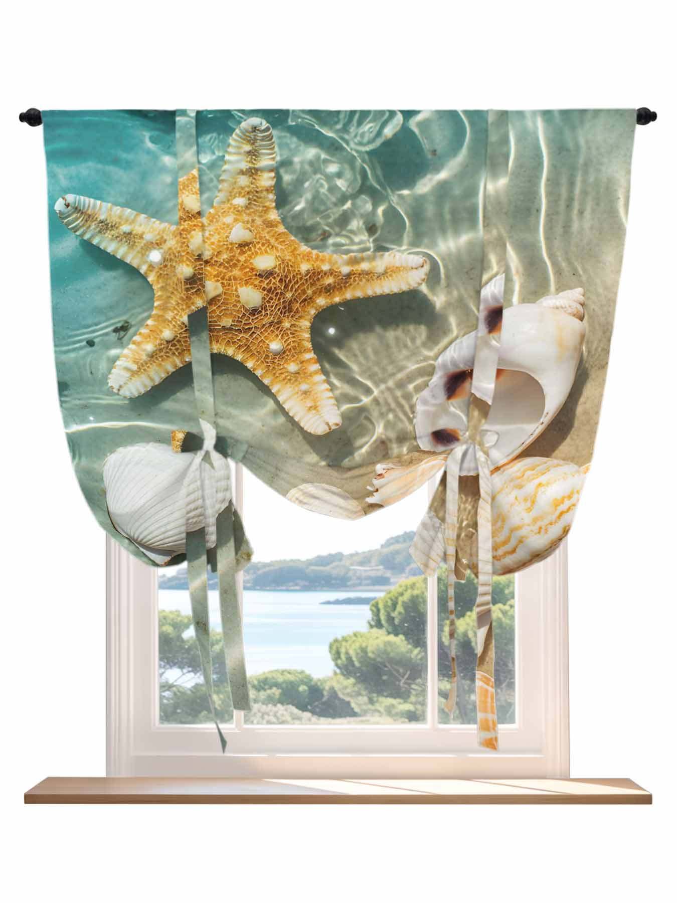 Ocean Shell Tie Up Curtains for Windows 45 Inch Length Balloon Curtains ...