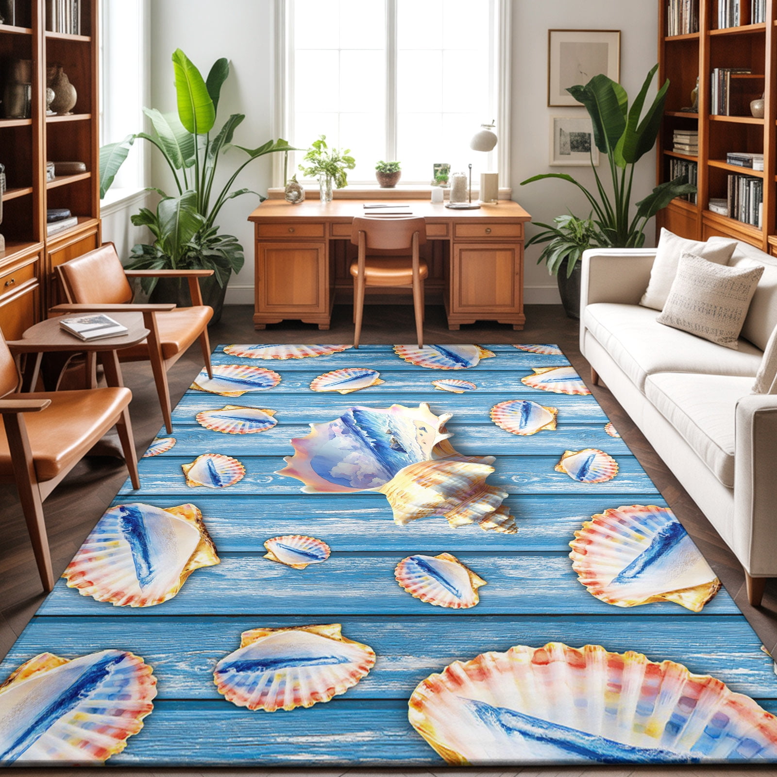 Ocean Shell Washable Area Rug 9 x 12 ft Summer Seaside Beach Wave Conch ...