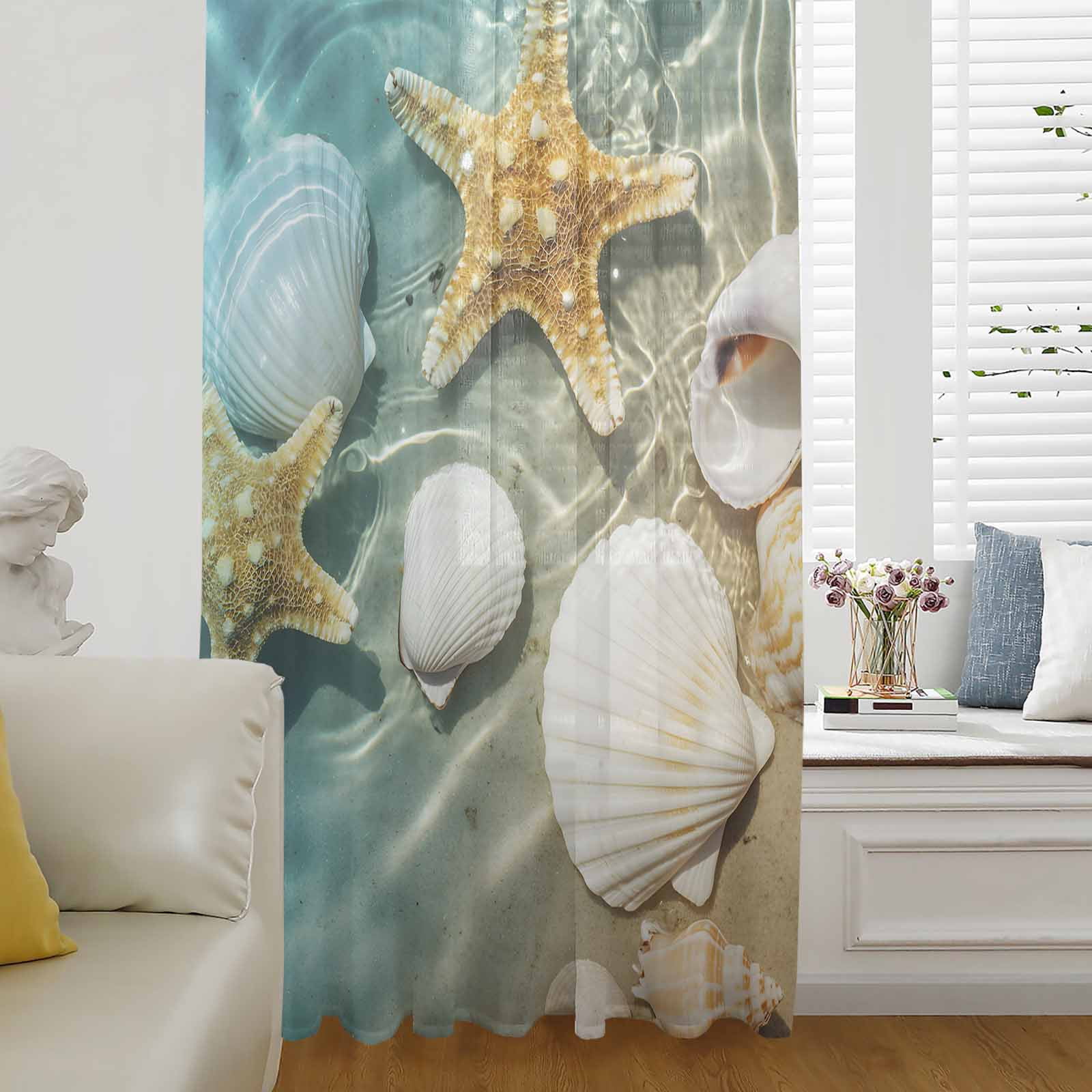 Ocean Shell Window Curtain 96 Inches Long,Beach Starfish Sea Water Sand ...