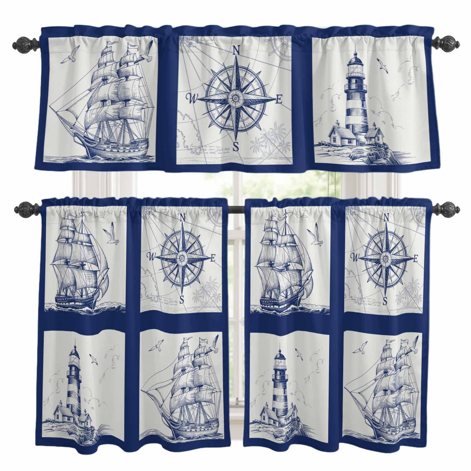 Ocean Ship Curtain Valances Set Lighthouse Compass Retro Blue Lines Art ...
