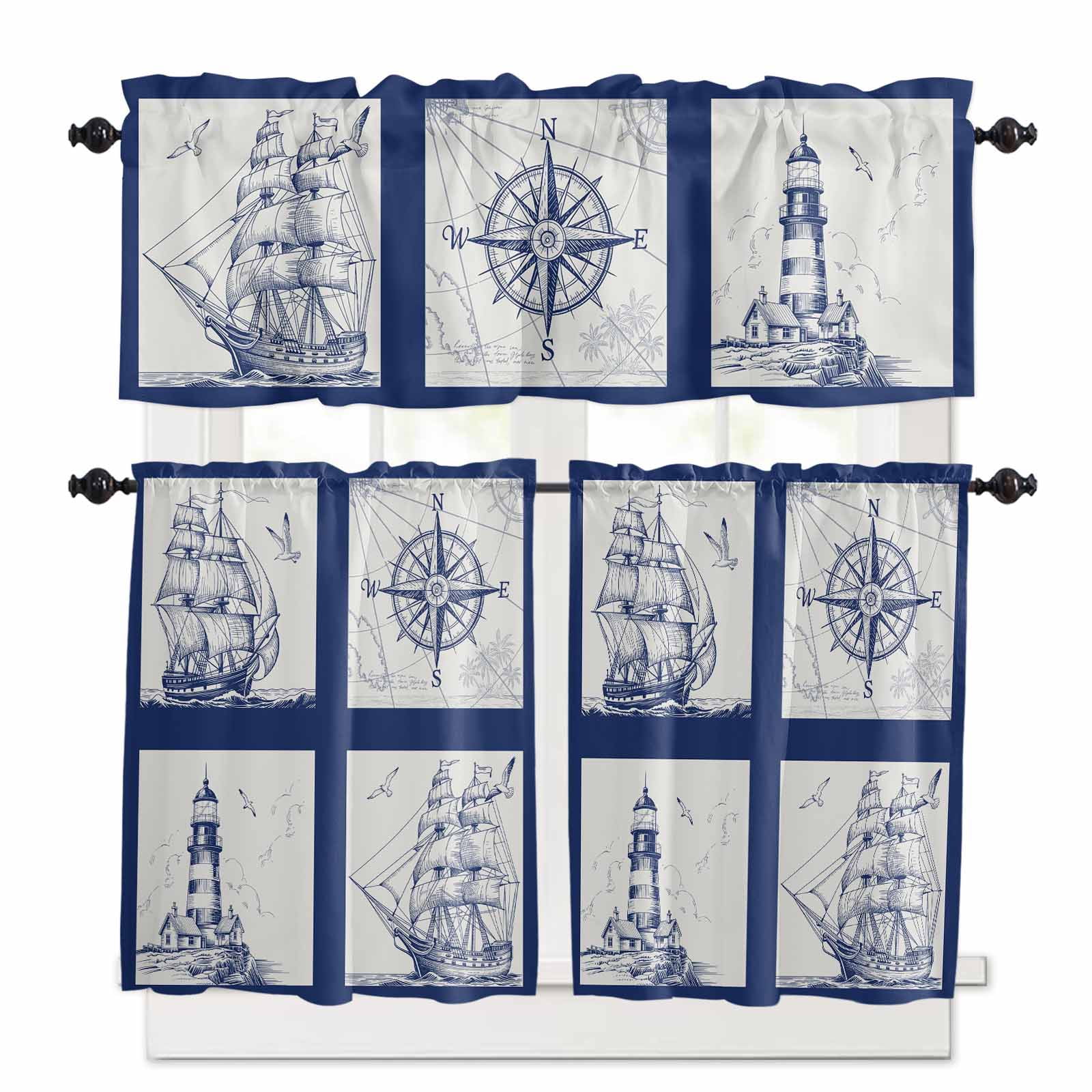 Ocean Ship Kitchen Curtains Valance and Tier Set Lighthouse Compass ...
